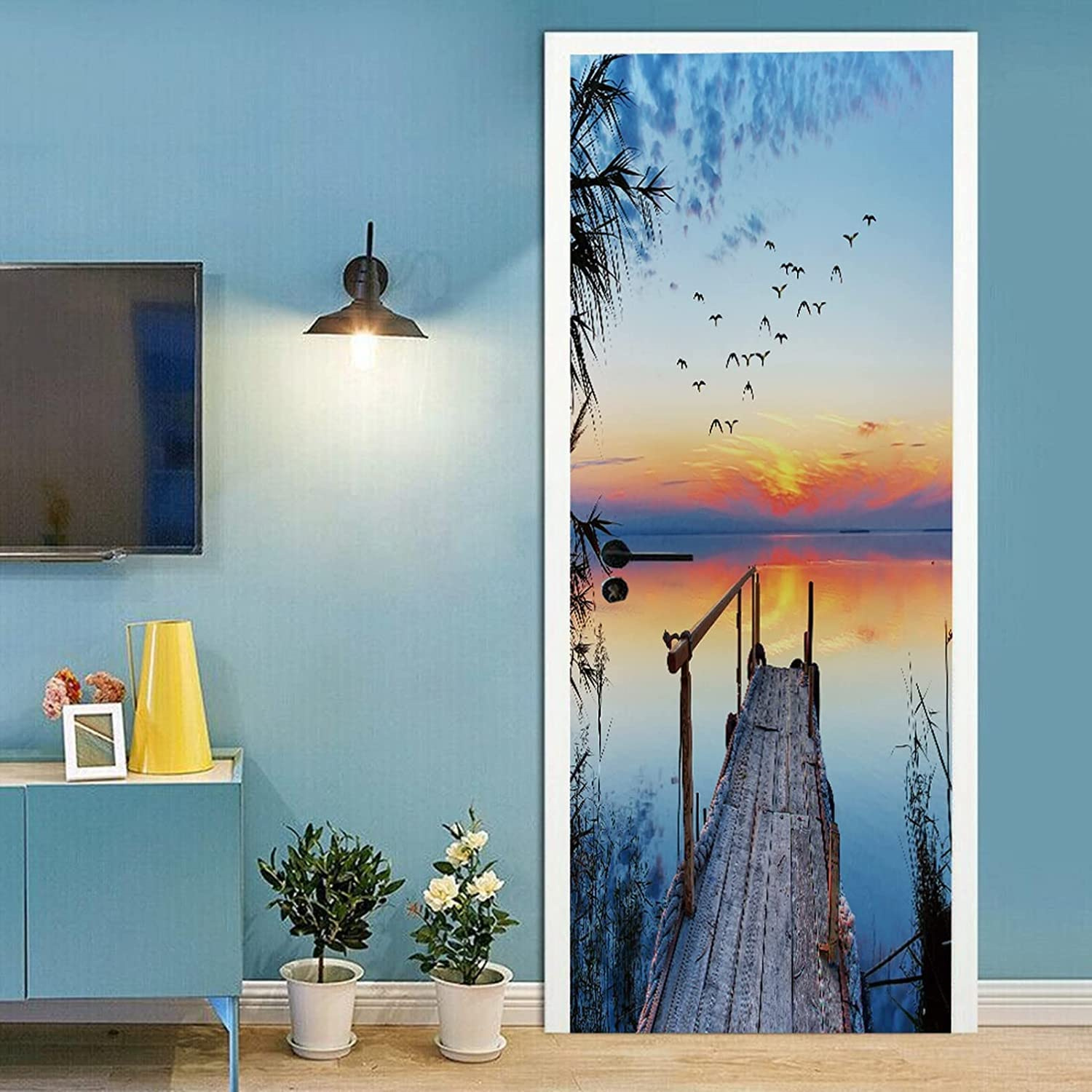 Seaside Wooden Bridge Door Sticker Sunset Scenery Decal Removable ...