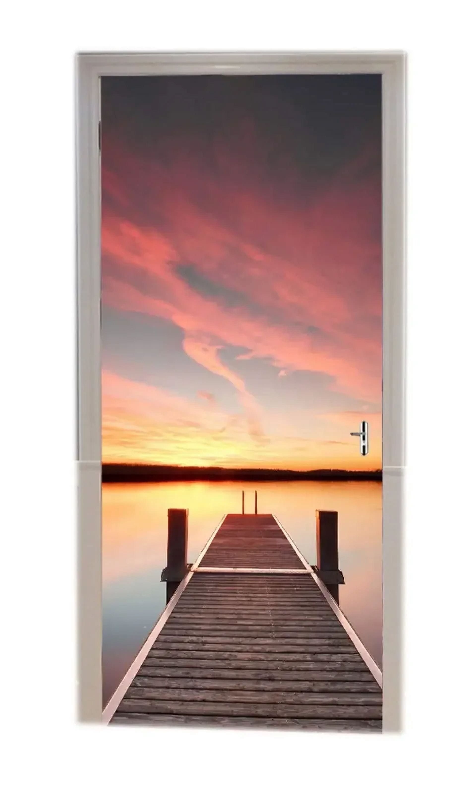 Seaside Wooden Bridge Door Sticker Sunset Scenery Decal Removable ...