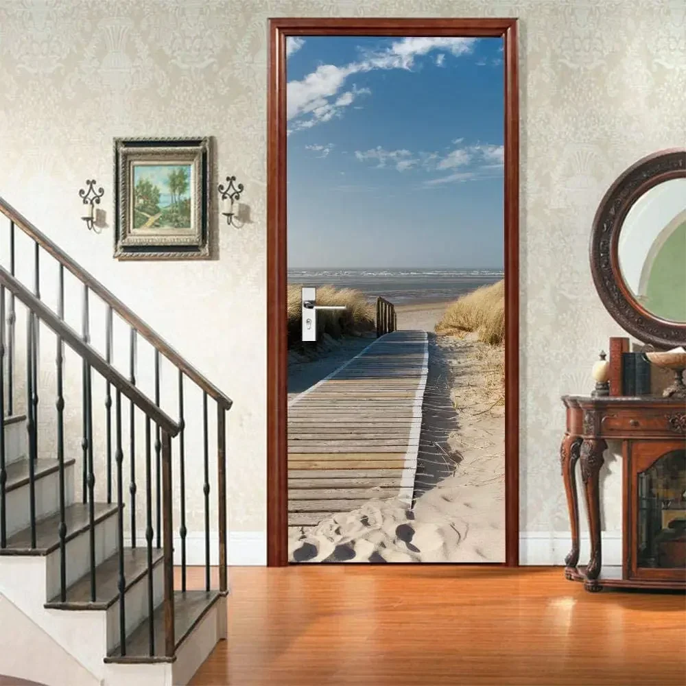 Seaside Wooden Bridge Door Sticker Sunset Scenery Decal Removable ...