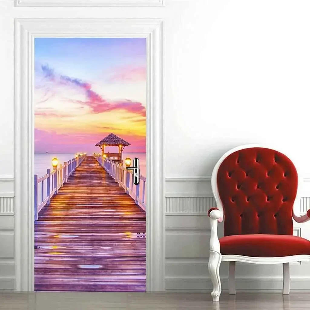 Seaside Wooden Bridge Door Sticker Sunset Scenery Decal Removable ...