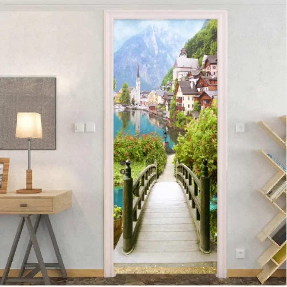 Seaside Wooden Bridge Door Sticker Sunset Scenery Decal Removable ...