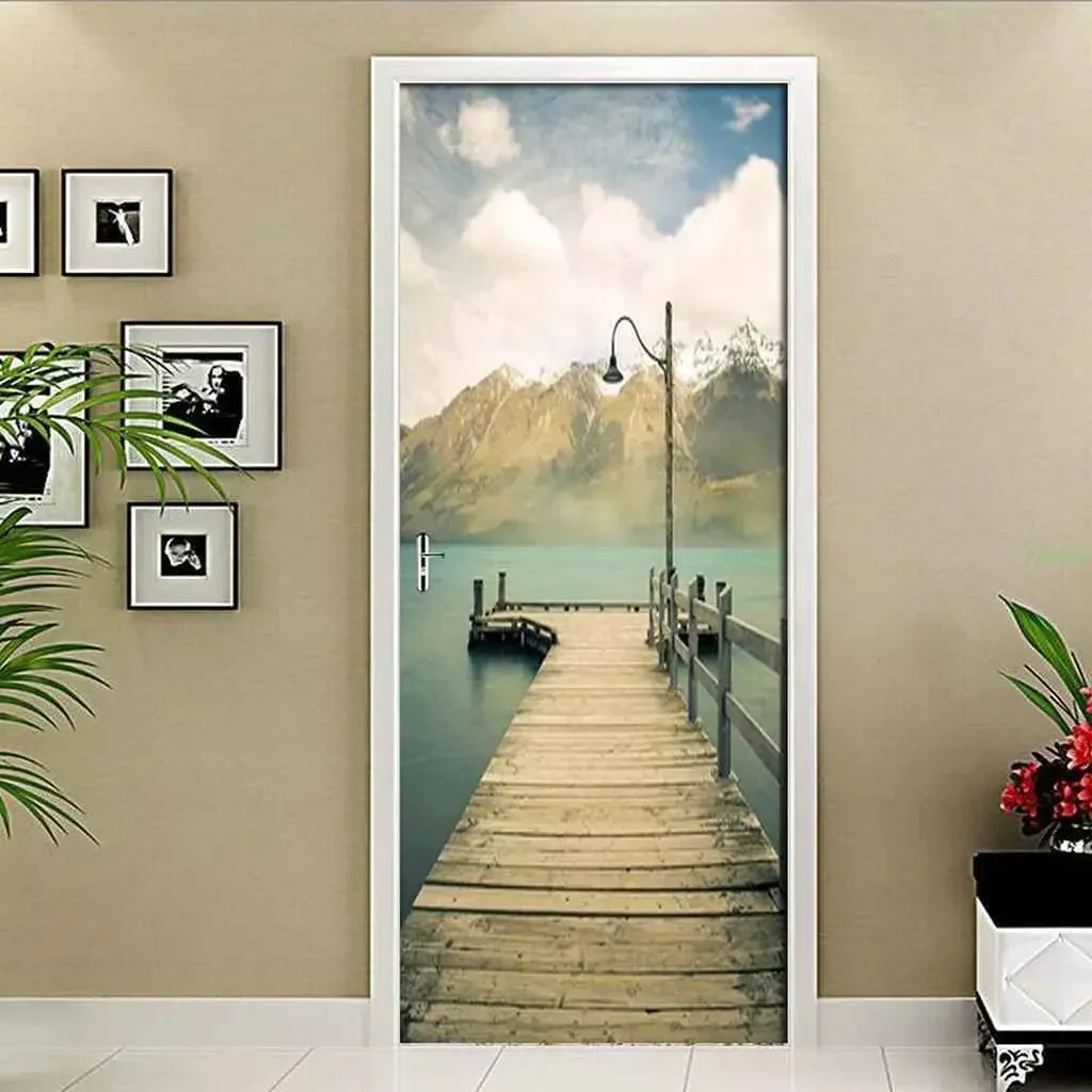 Seaside Wooden Bridge Door Sticker Sunset Scenery Decal Removable ...