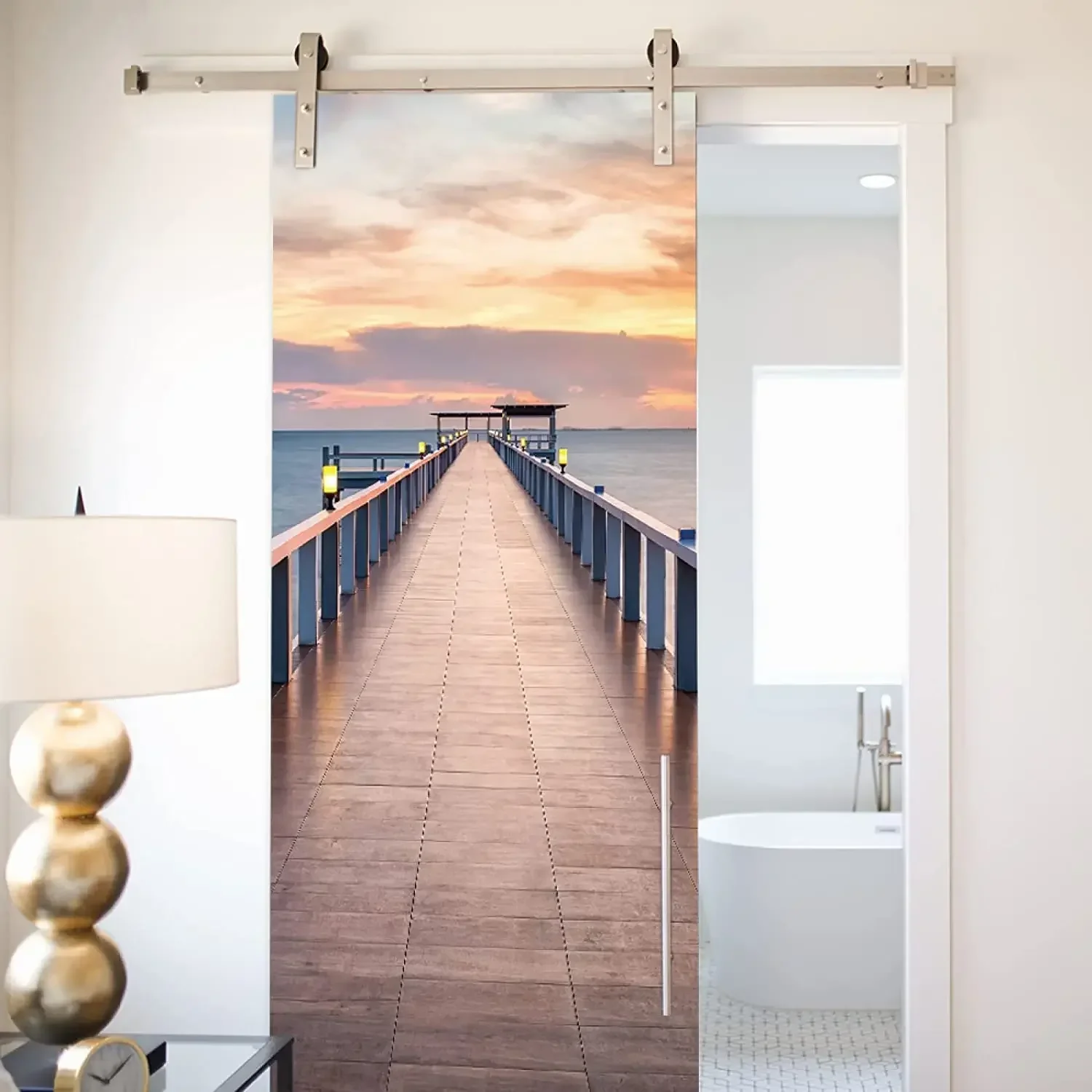 Seaside Wooden Bridge Door Sticker Sunset Scenery Decal Removable ...