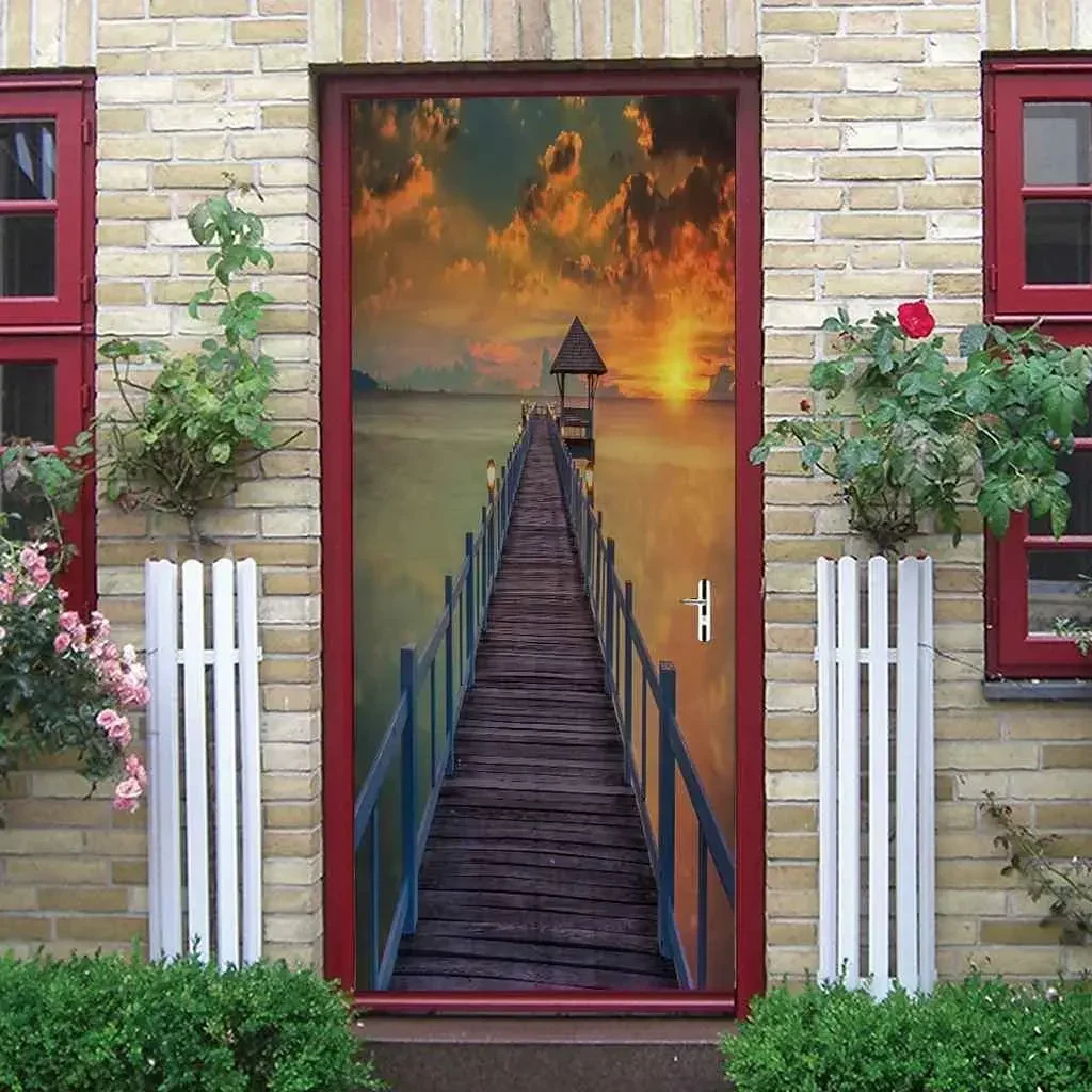 Seaside Wooden Bridge Door Sticker Sunset Scenery Decal Removable ...