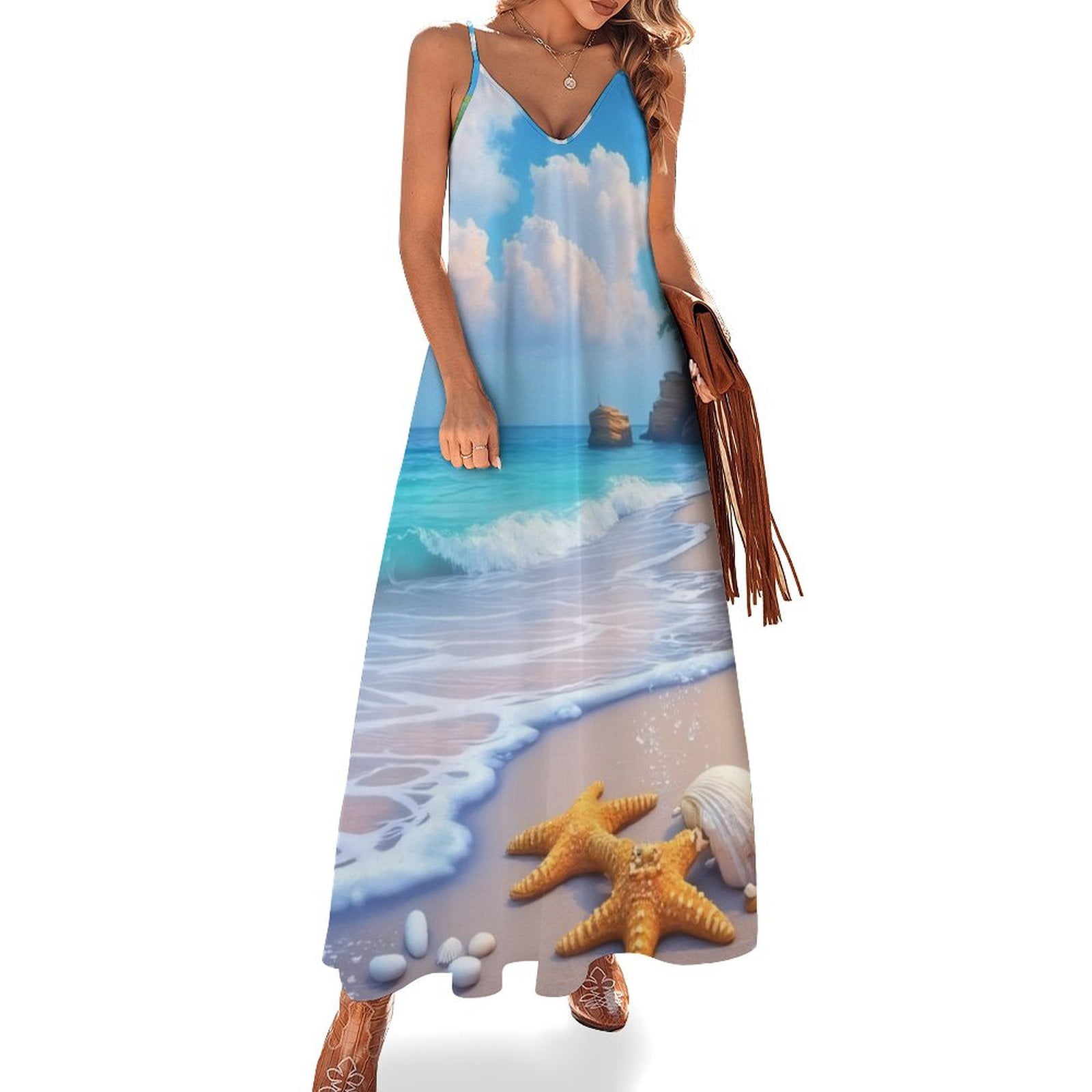 Seaside with Starfish And Shells Design Sleeveless Dress Woman Fashion ...