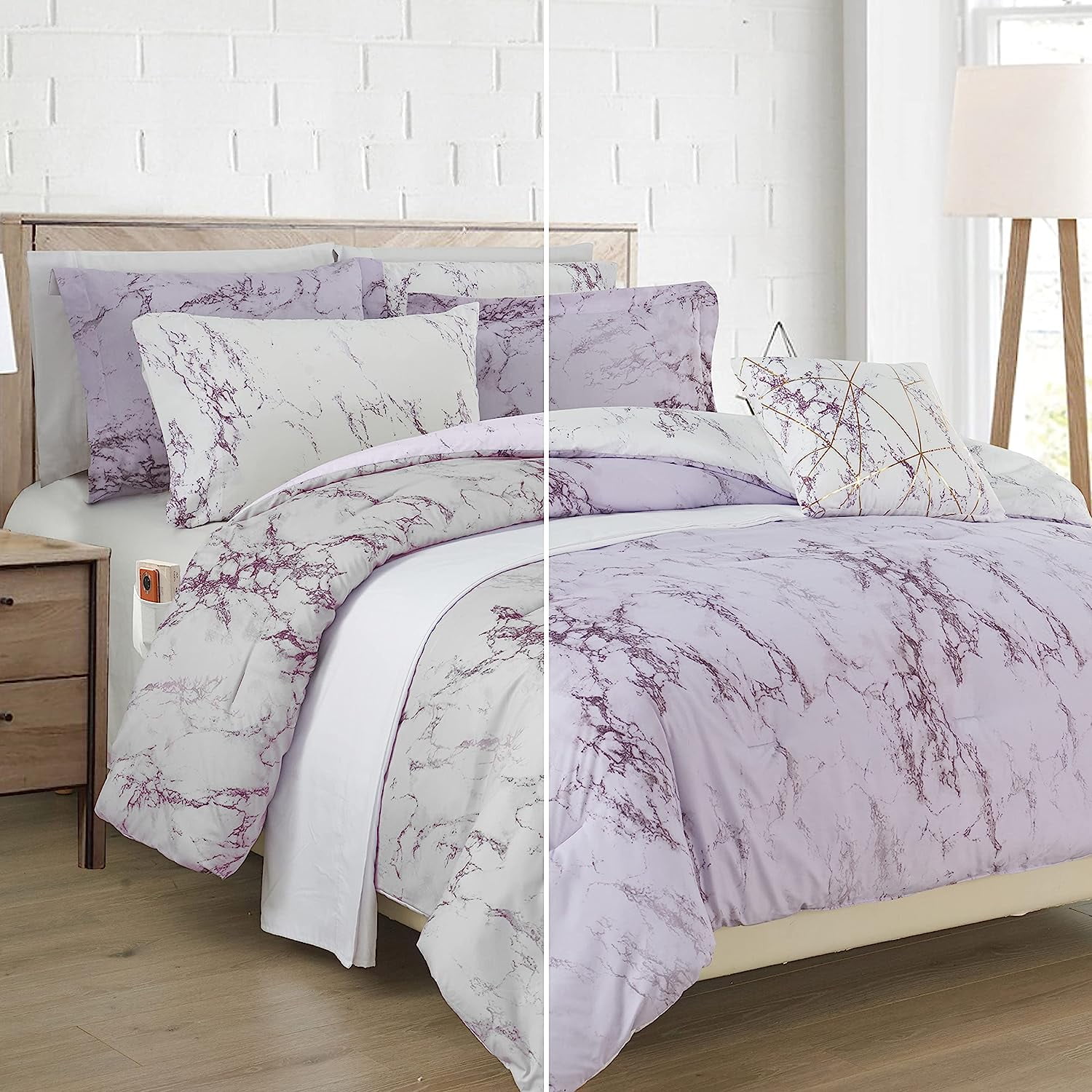 All Season 10-Piece Comforter Set - Reversible Marble Print Bedding ...