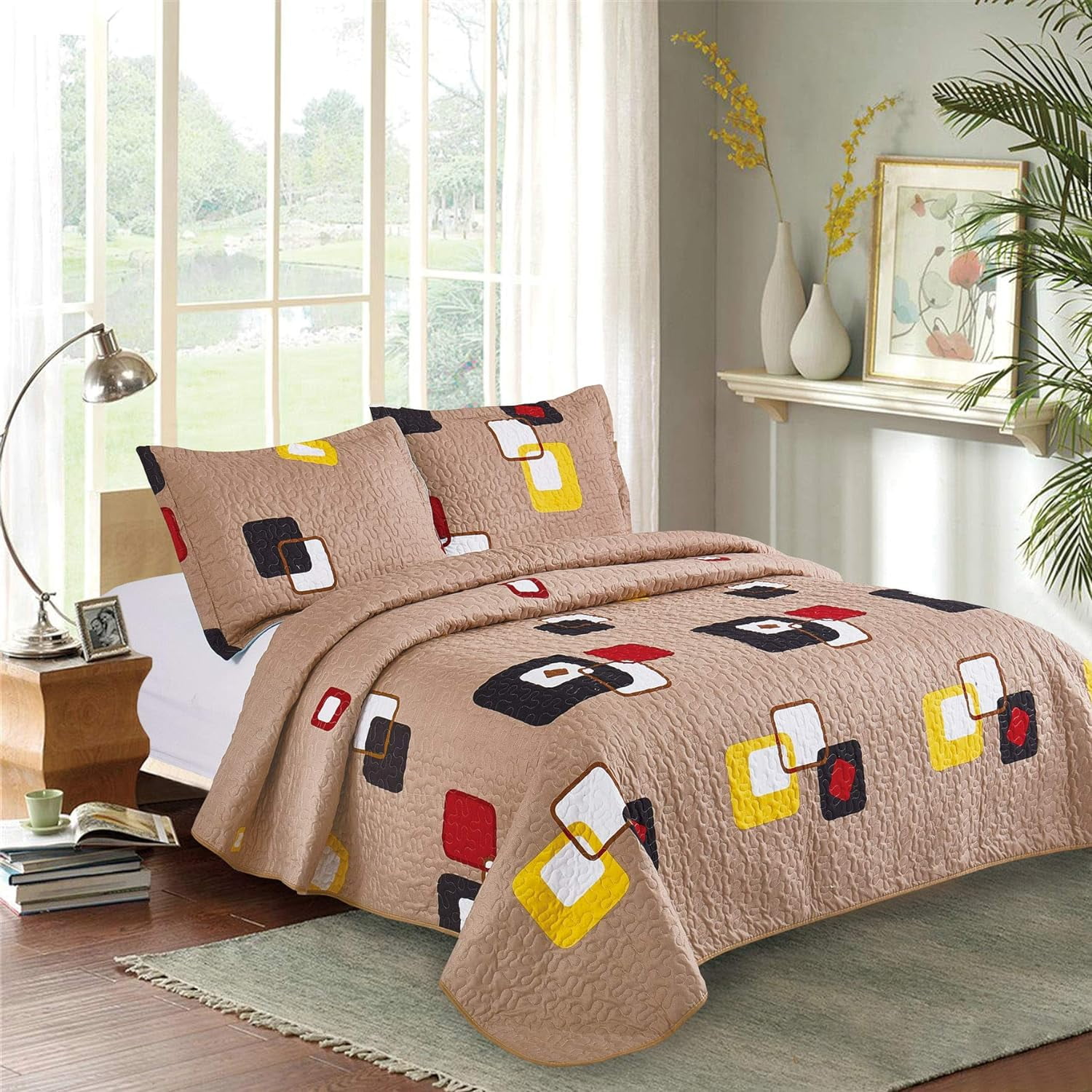 All Season Bed Cover Square Pattern Quilt Bed Set-1 Quilt, 2 Pillow ...