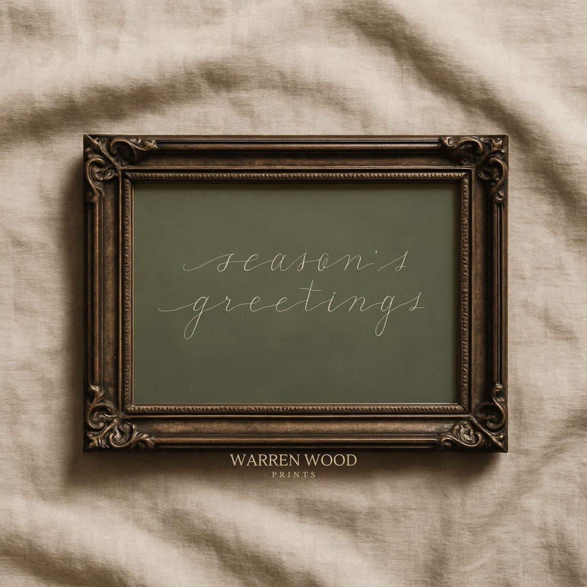 Season’S Greetings Print, Olive Green Winter Holiday Wall Art, Beige ...