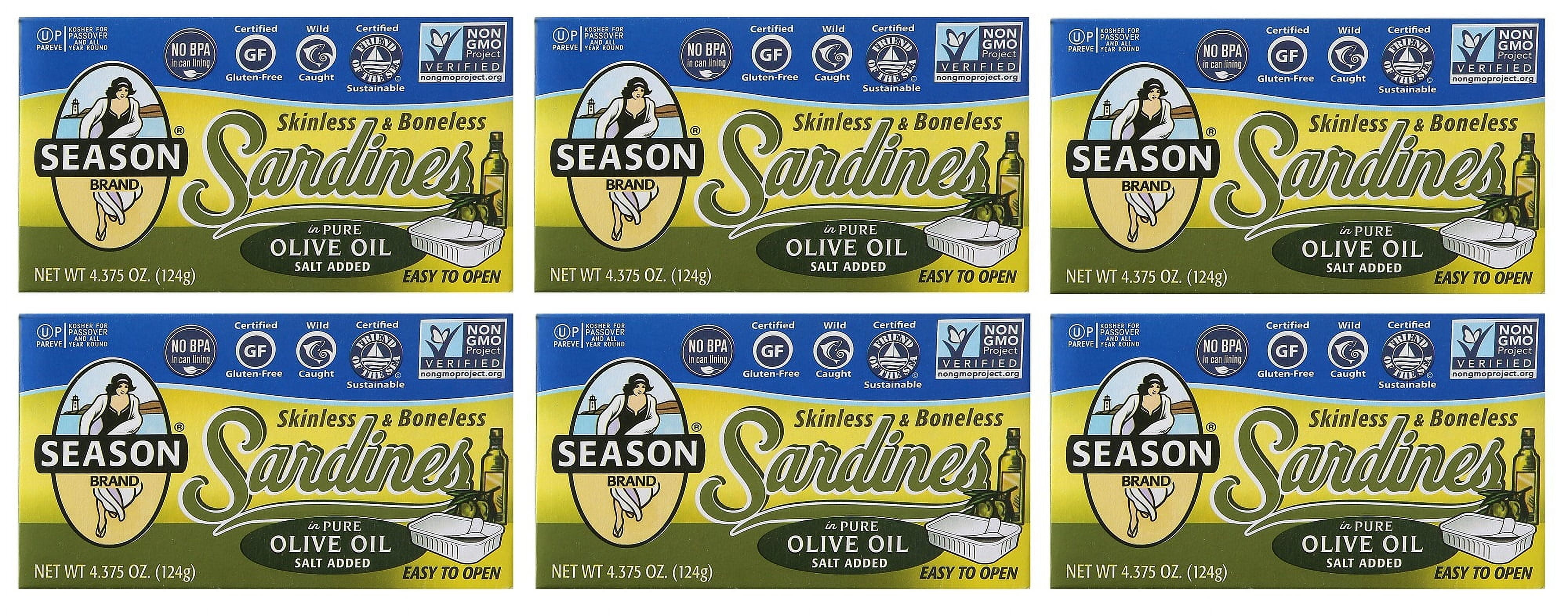 Season Sardines Skinless & Boneless in Pure Olive Oil 4.375 oz (Pack of ...