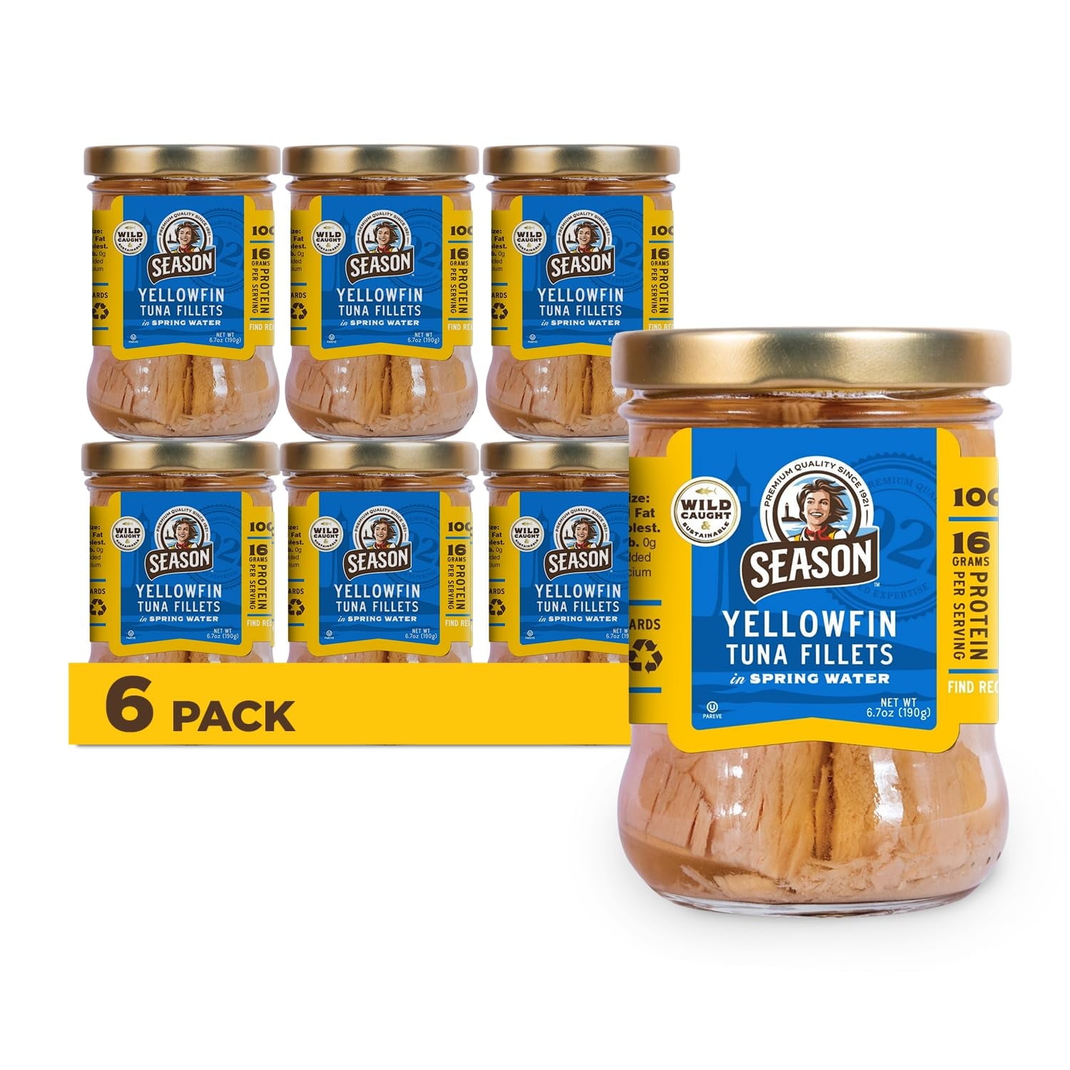 Season Wild Caught Yellowfin Tuna Fillets in Spring Water- Glass Jar ...