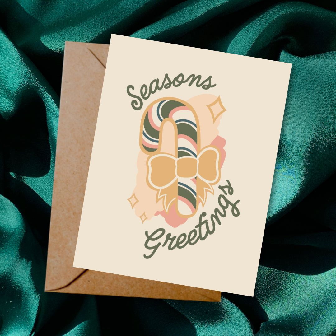 Season's Greetings Candy Cane Card with Bow – Blank Inside Greeting ...
