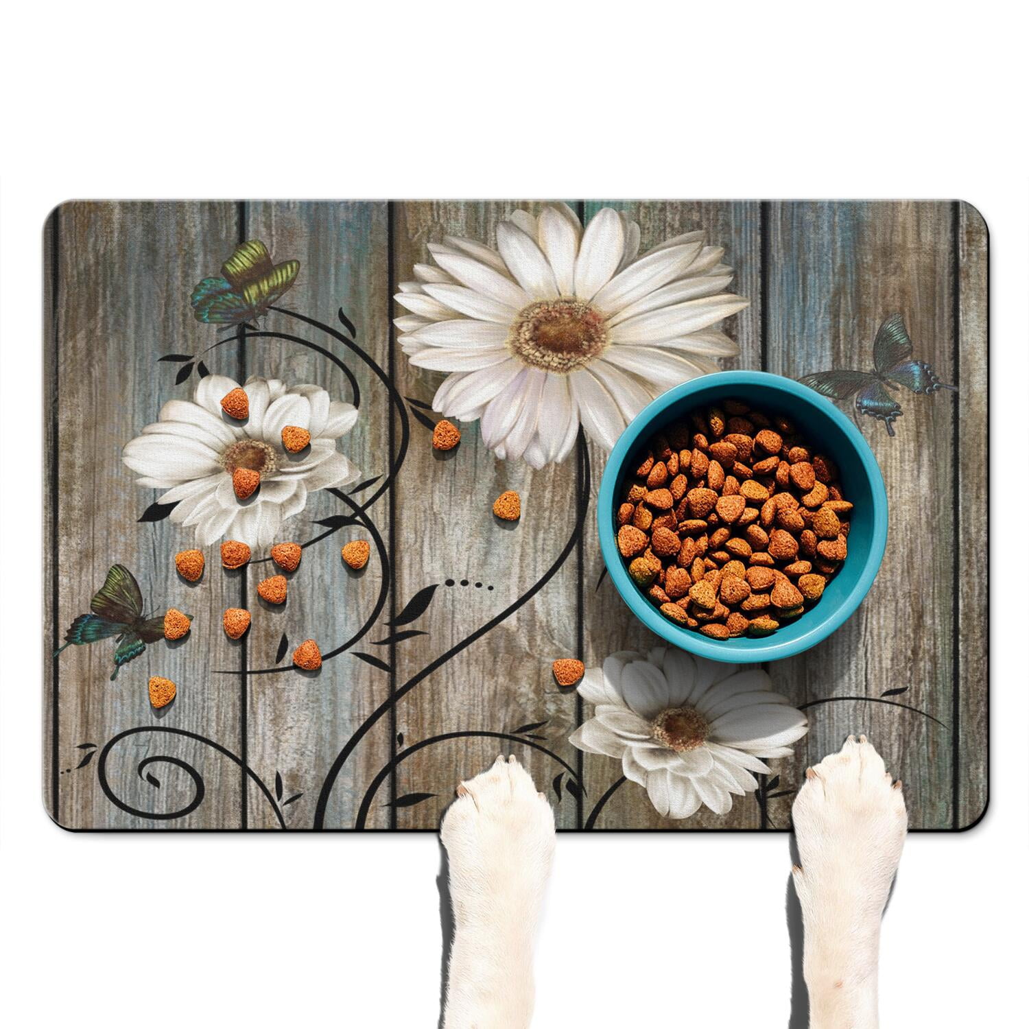 Seasonal Bloom Dog Bowl Mat - 16"x24" Daisy Pattern Pet Mat with Spill ...