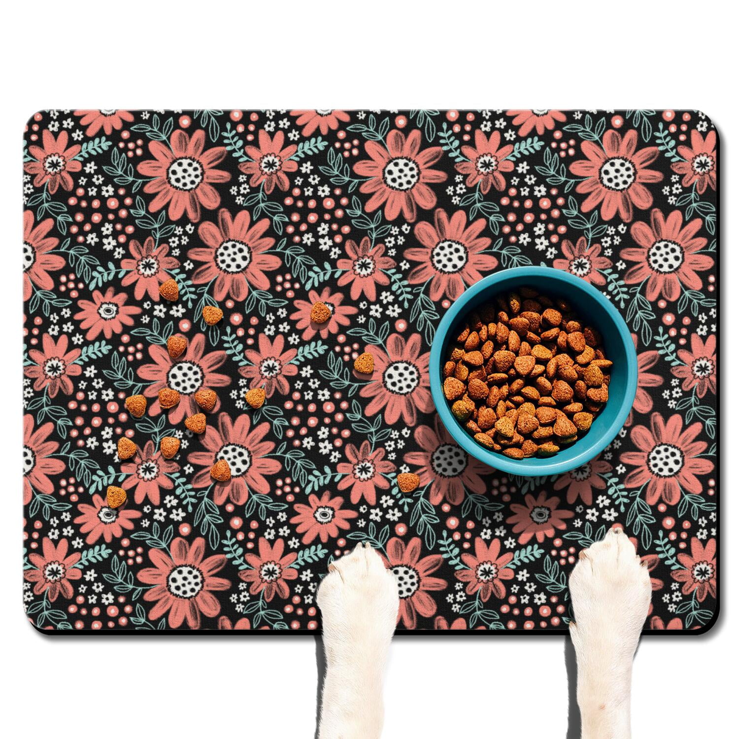 Seasonal Bloom Dog Bowl Mat - 24"x32" Daisy Pattern Pet Mat with Spill ...