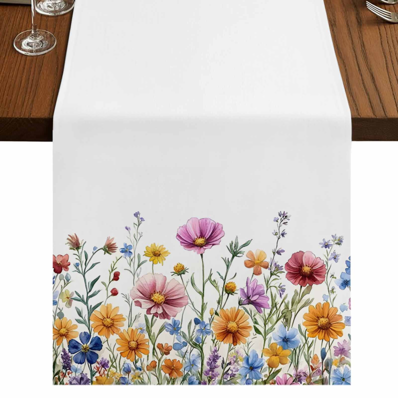 Seasonal Botanical Blooms 120 Inch Table Runner, Watercolor Floral ...