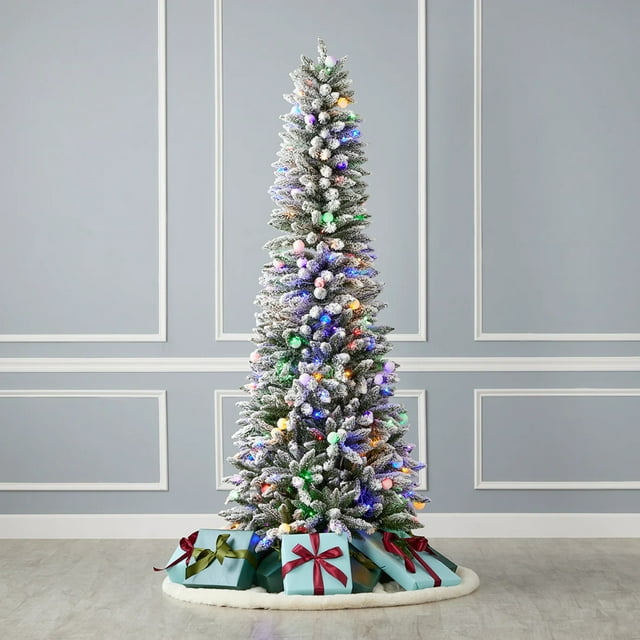 Seasonal LLC 7FT Snow Kissed Pine Flocked Slim Christmas Tree, 30 ...