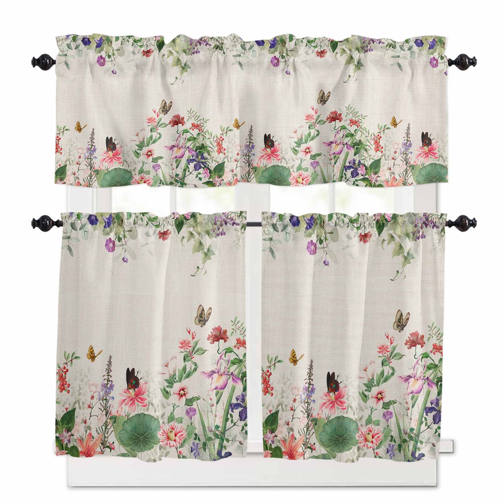 Seasonal Pastoral Floral Kitchen Curtains and Valances Set,Rod Pocket ...