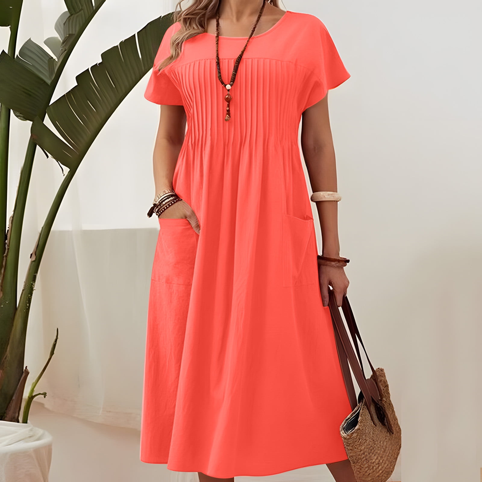 Seasonal Savings, Women's Long Dress, Solid Color Round Neck, Pocket ...