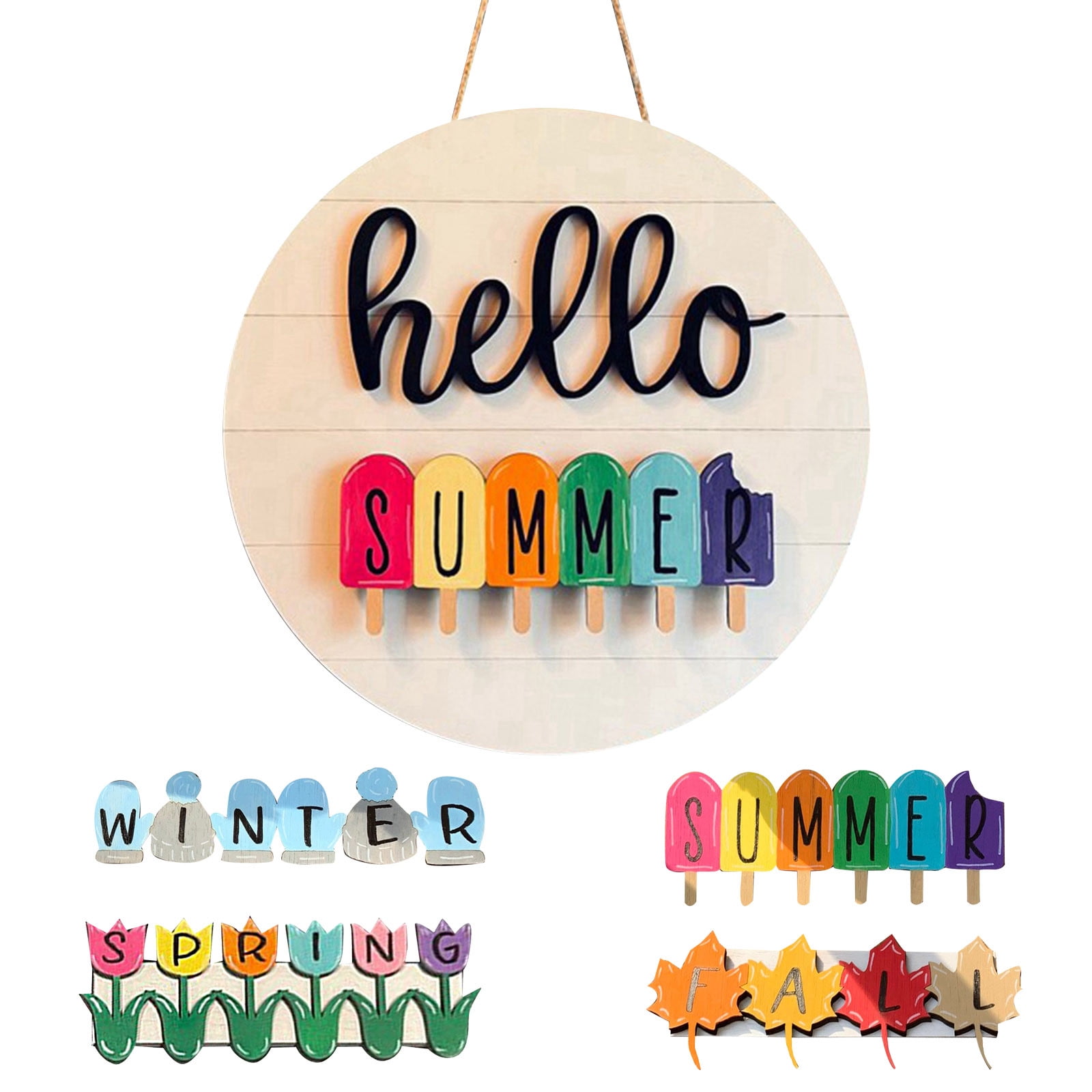 Seasonal Wooden Wall Decor Sign Interchangeable 'Hello' Plaque with 4 ...
