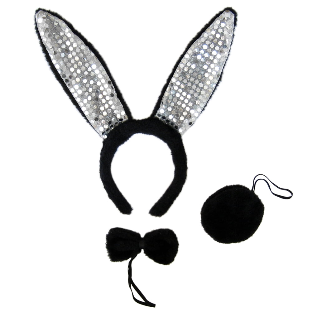 SeasonsTrading Black Plush Sequin Bunny Ears Costume Set - Rabbit Party ...