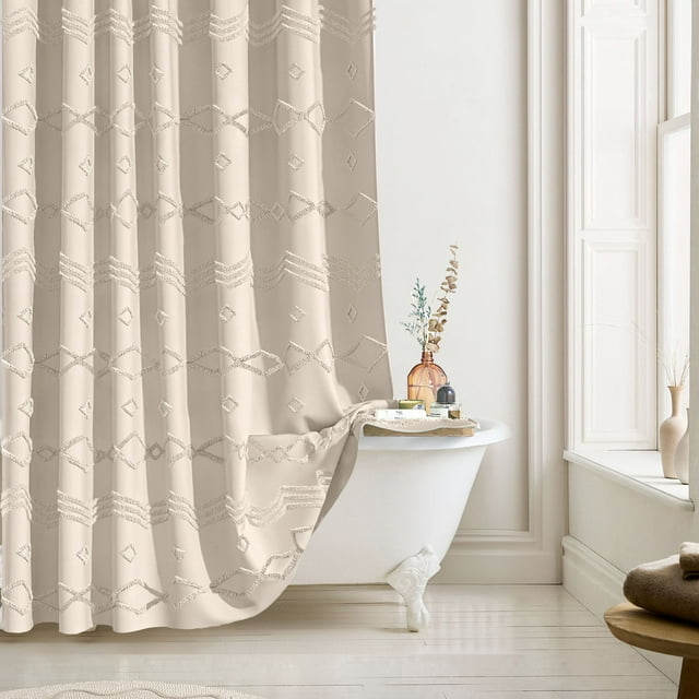 "Seasonwood Beige Tufted Fabric Farmhouse Shower Curtain, Waterproof ...