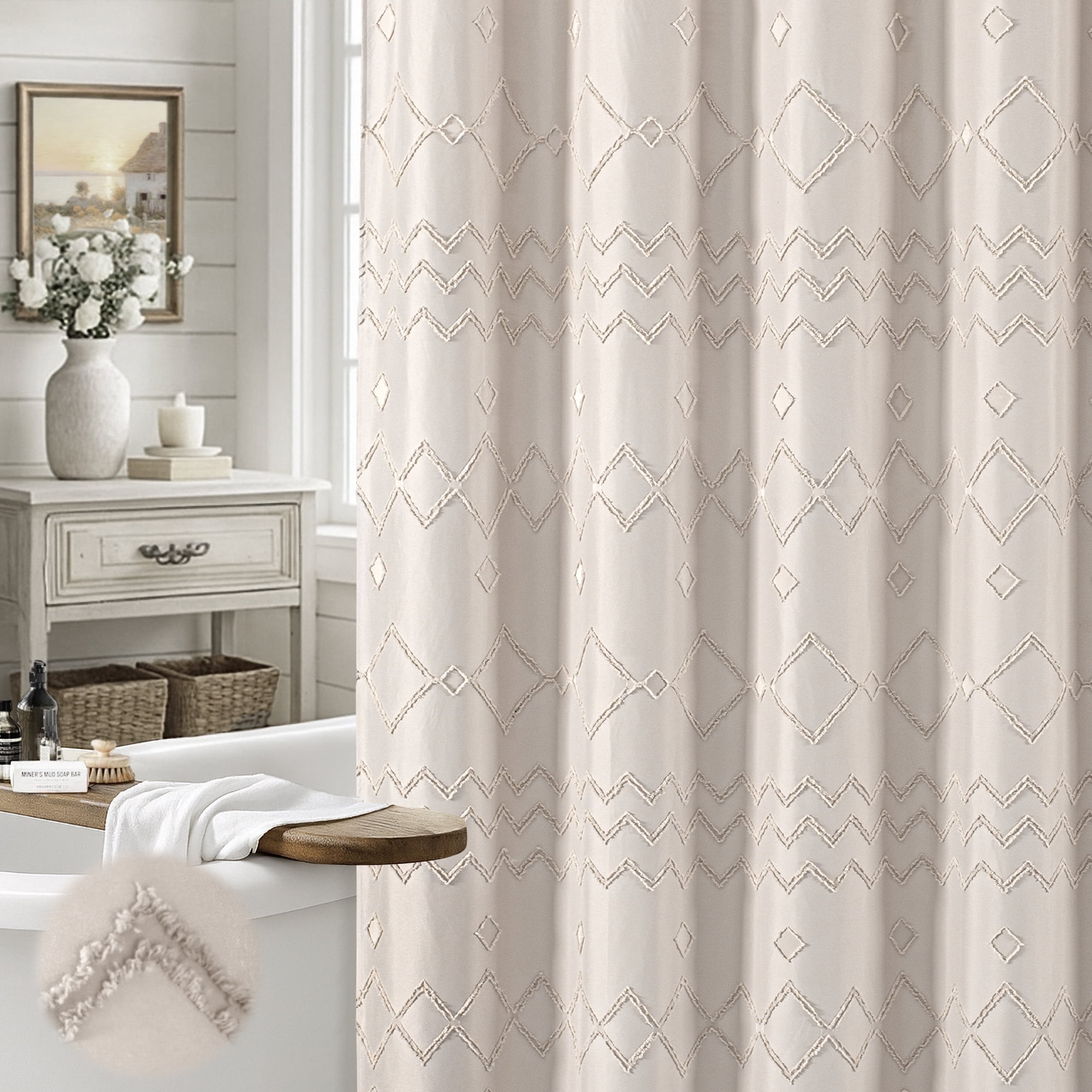 Seasonwood Beige Boho Shower Curtain with Hooks,Extra Long Heavy-Duty Weighted-Hem Fabric ...