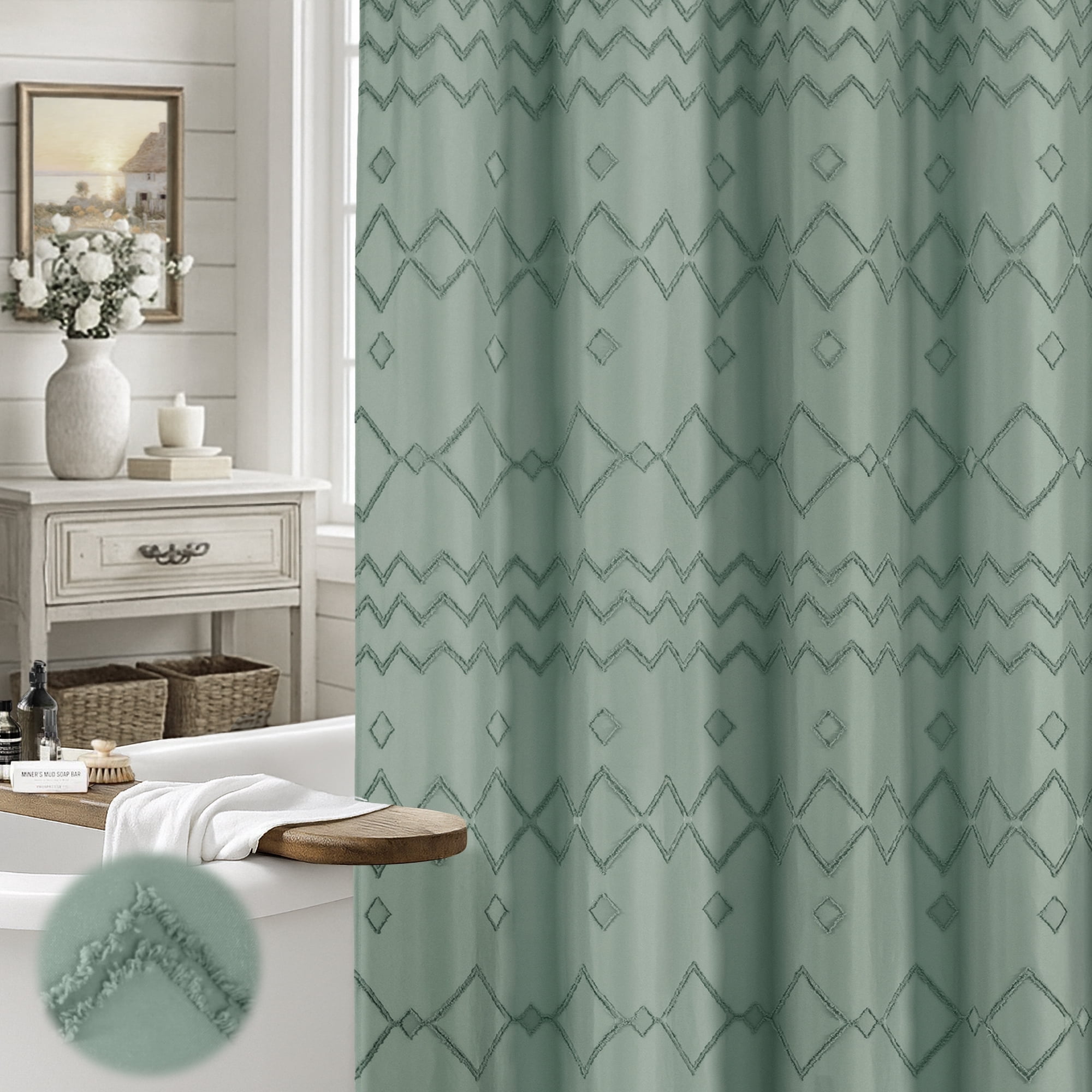 Boho Green Polyester Shower Curtain, Striped, Waterproof, 72" x 78 ...