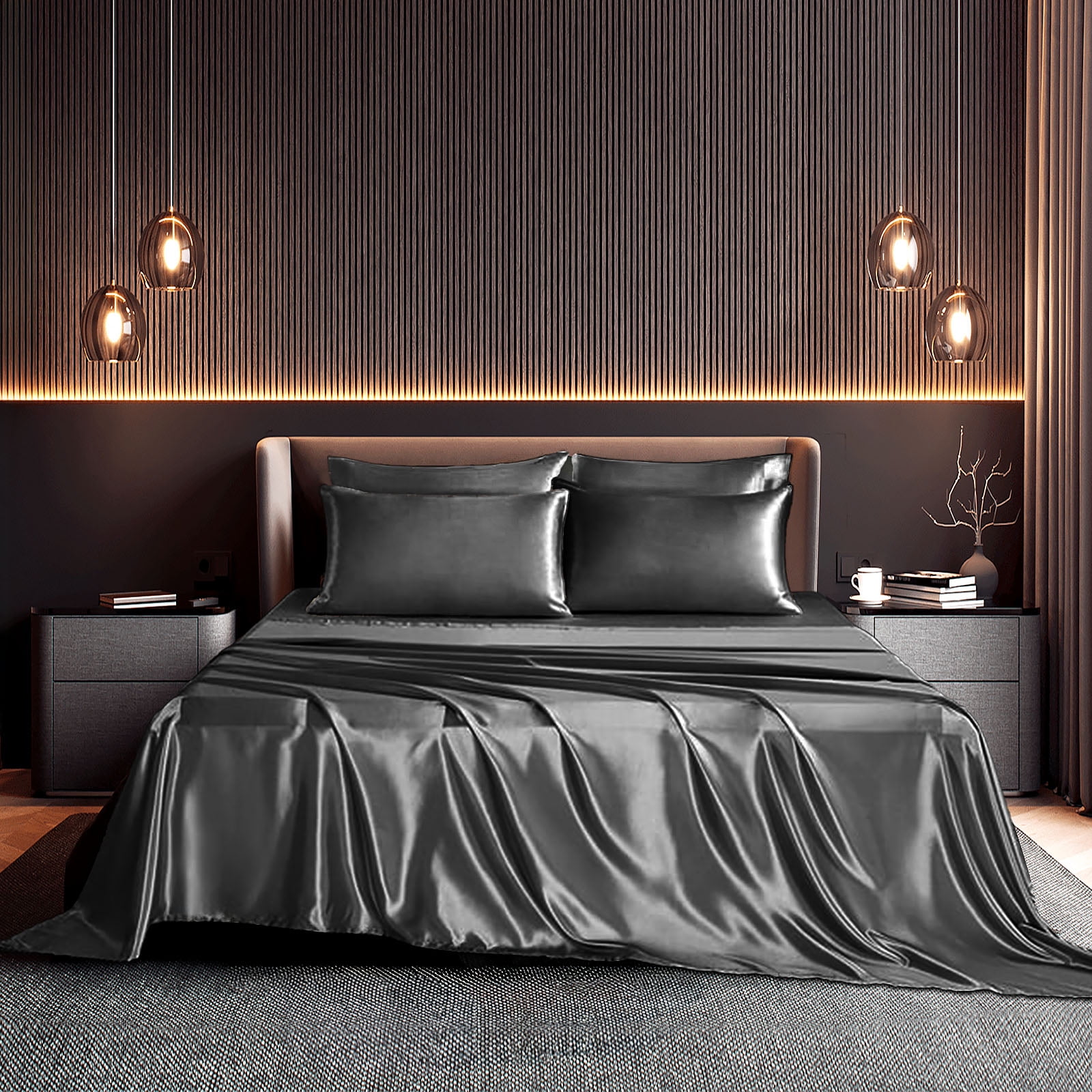 Seasonwood Dark Gray Satin Sheets Full Size Soft 1800 Microfiber Sheet ...