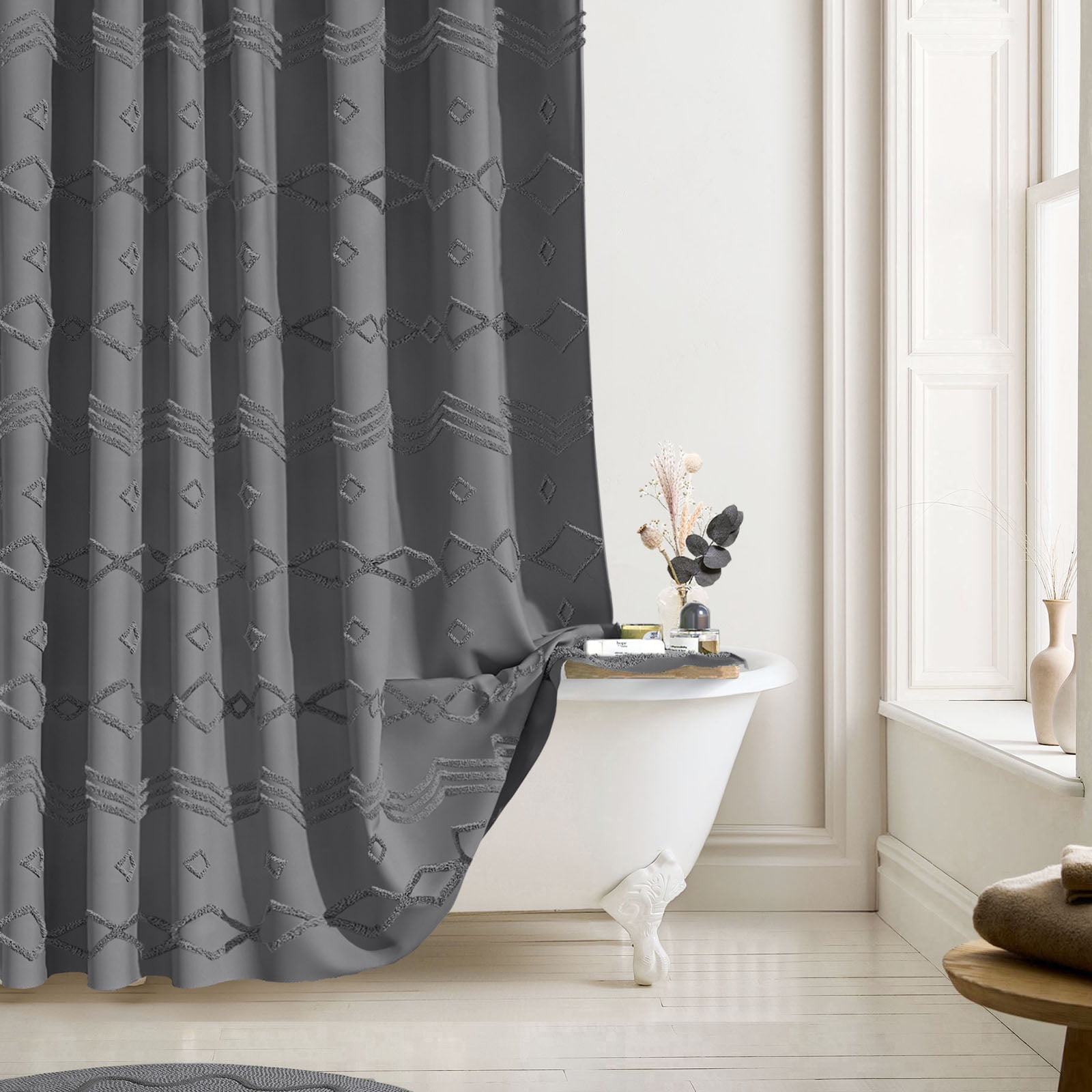 Seasonwood Gray Shower Curtain Boho Woven Modern Farmhouse Fabric ...