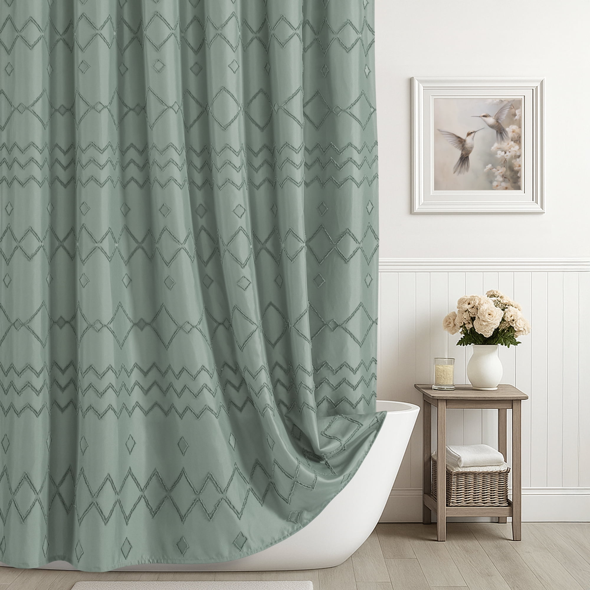 Seasonwood Green Boho Shower Curtain with Hooks,Heavy-Duty Weighted-Hem ...