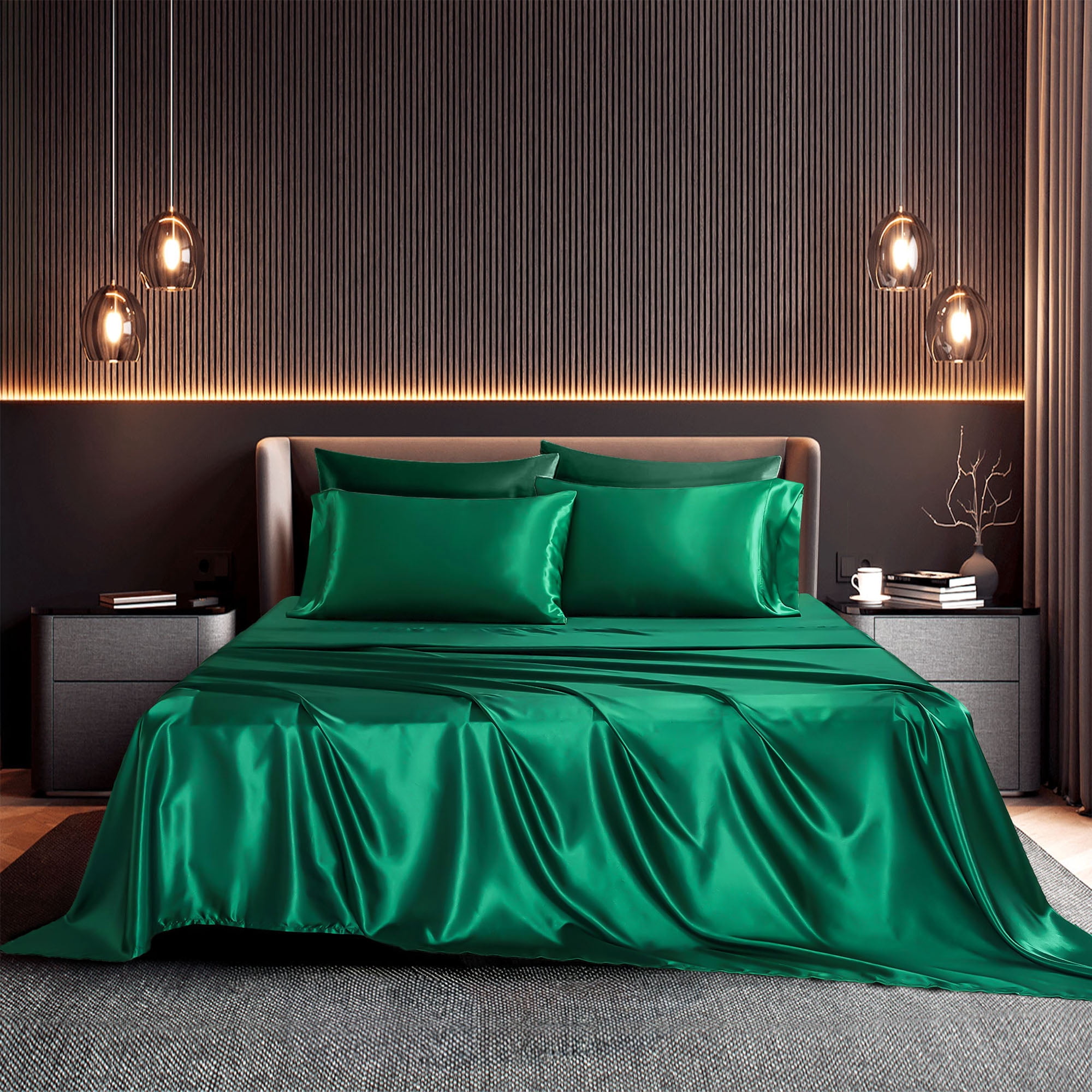 Seasonwood Green Satin Sheets Full Size Soft 1800 Microfiber Sheet Set ...
