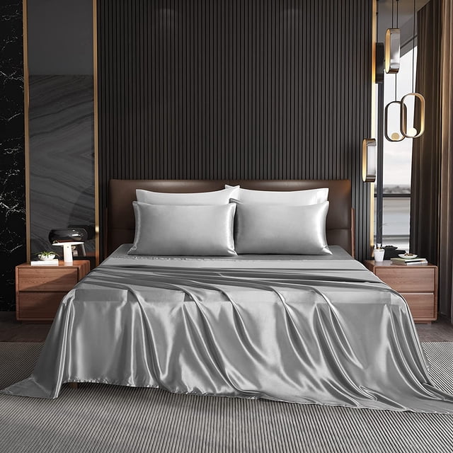 Seasonwood Microfiber Satin Grey Sheets Queen Size Luxury Silk 4-Piece ...