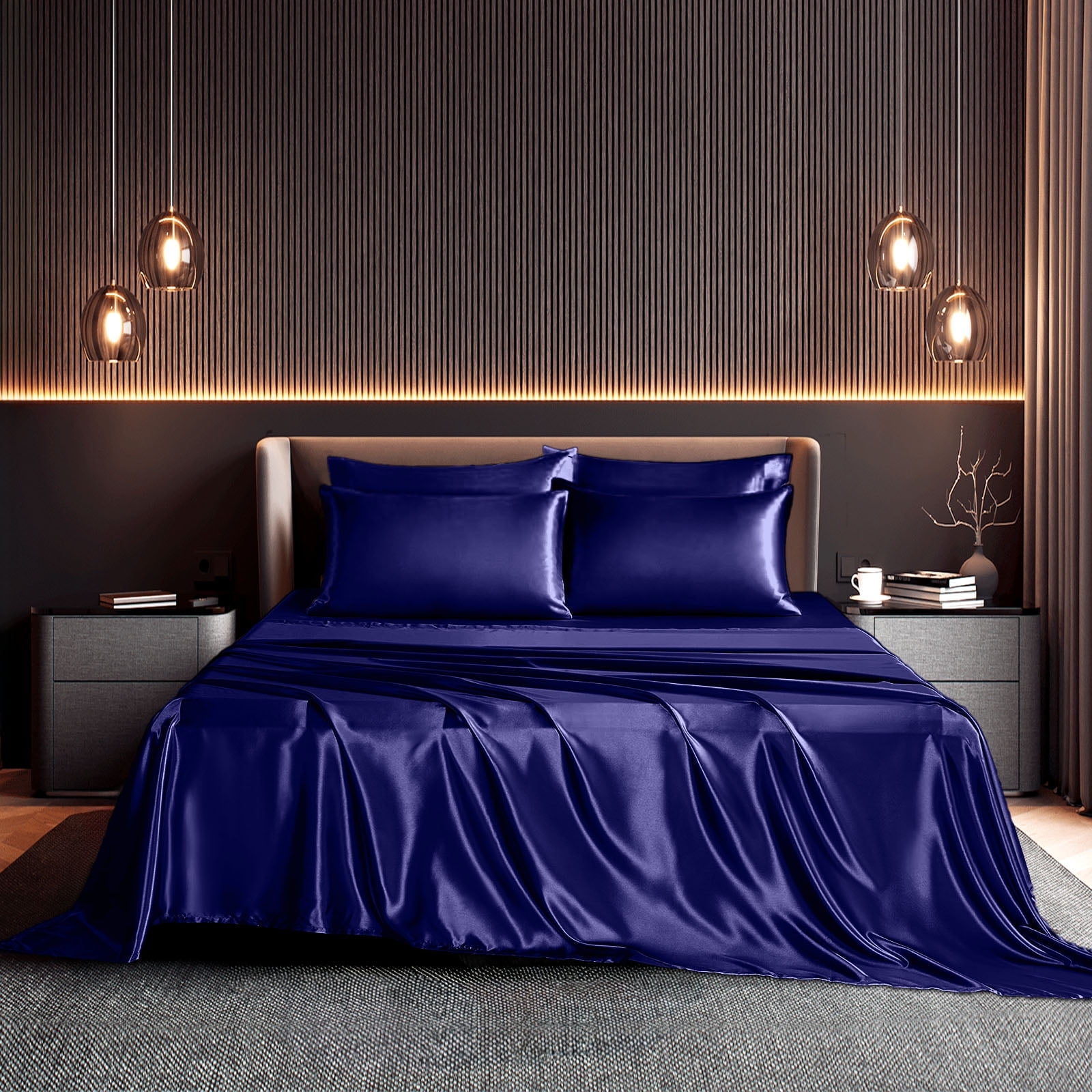 Seasonwood Satin King Size Sheets Set Navy Blue Soft 1800 Microfiber ...