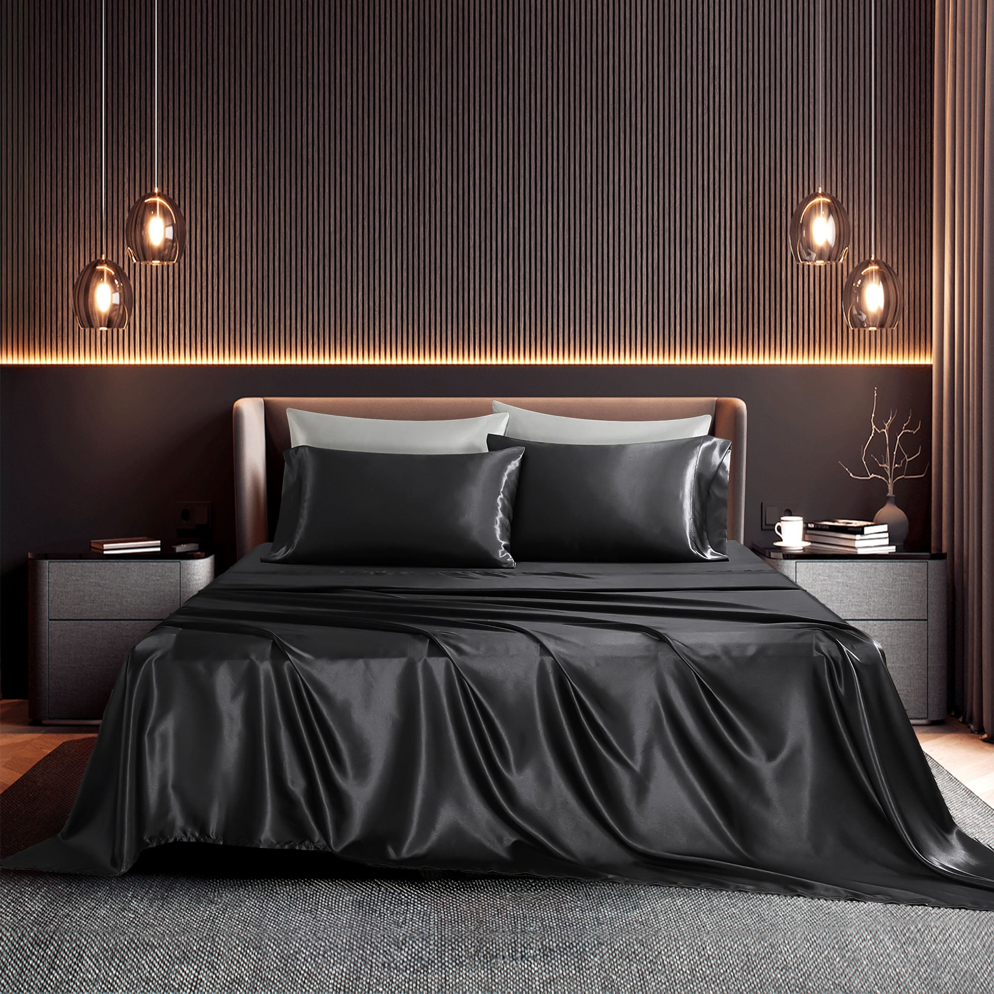 Seasonwood Satin Sheets Black Soft Microfiber Silk Bed Set 3pcs Twin ...