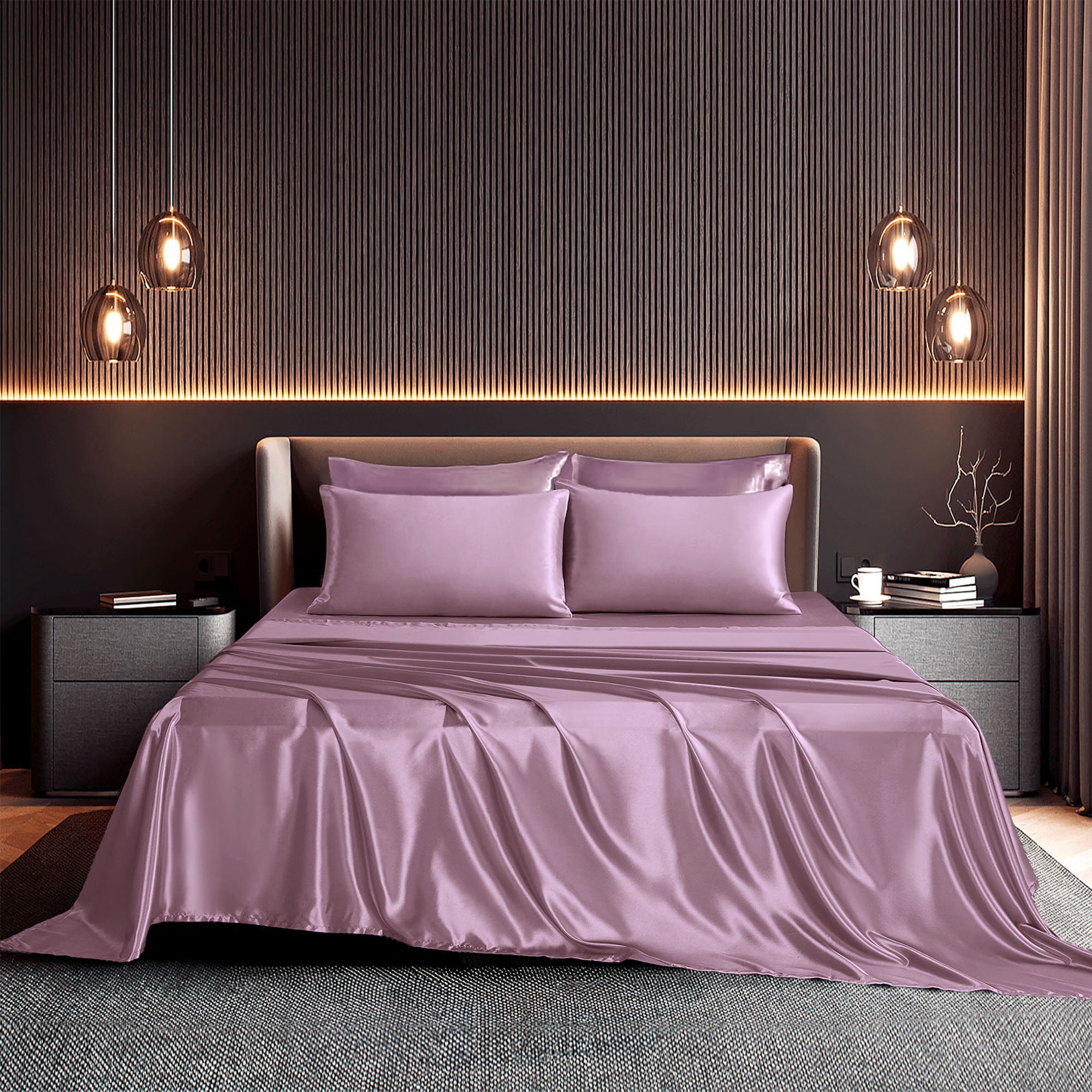 Seasonwood Satin Sheets Set Queen Size 4 Pieces 1800 Microfiber 2 ...