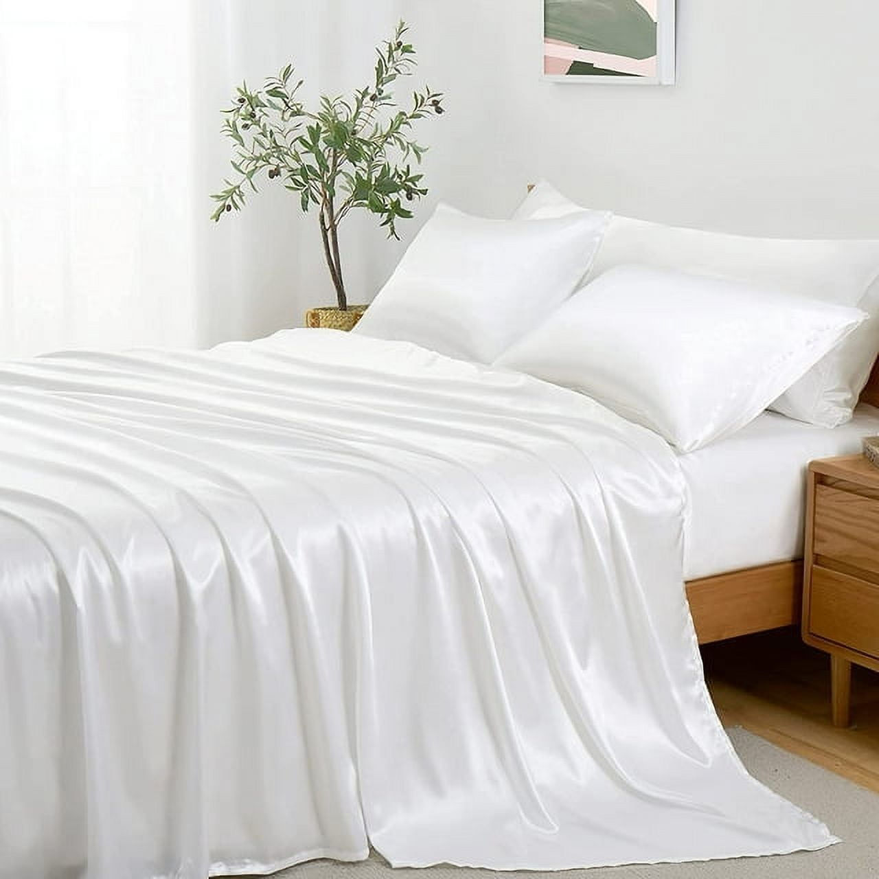 Seasonwood White Satin Sheets Full Size Soft 1800 Microfiber Sheet Set ...