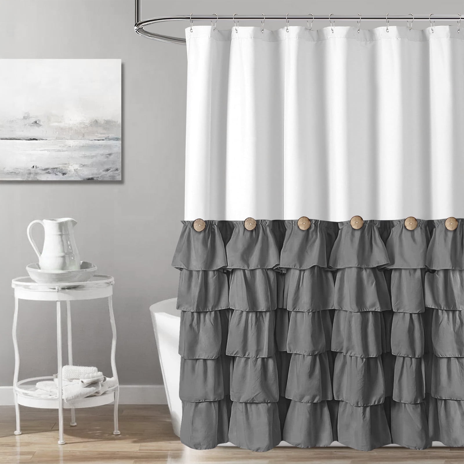 Seasonwood White and Gray Farmhouse Shower Curtain with Vintage Buttons ...