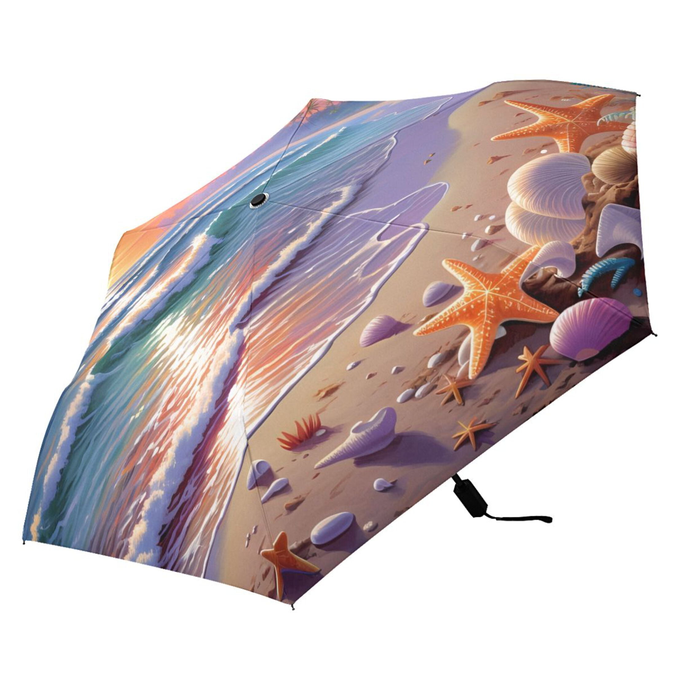 Seastars on Sunset Beach Compact Folding Umbrella for Rain Windproof ...