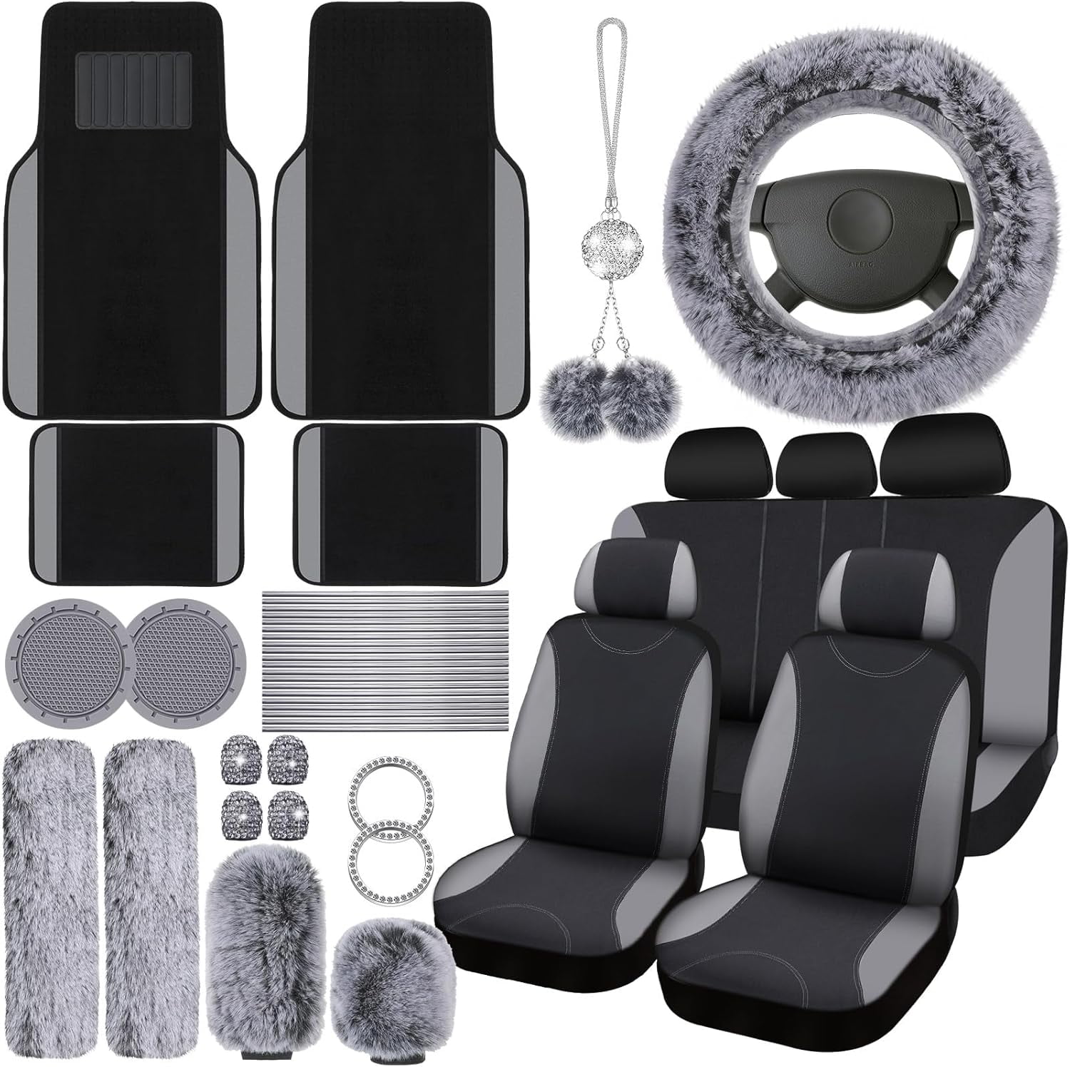 Seat Cover Full Set for Women Included Front Rear Seat Fluffy Steering ...