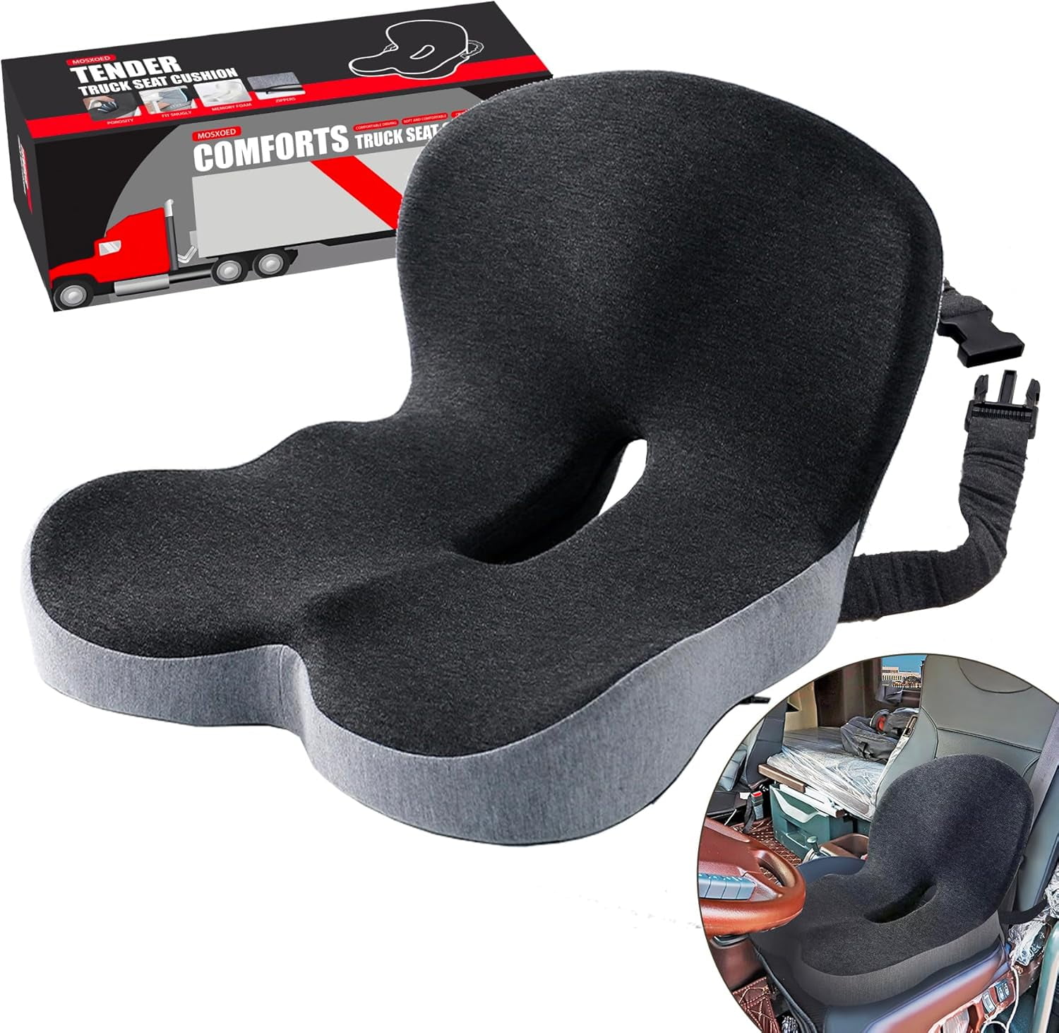 Seat Cushion for Truck Driver, Memory Foam Seat Cushion with Adjustable ...