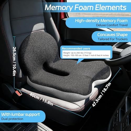 Seat Cushion for Truck Driver, Memory Foam Truck Seat Cushion with L ...