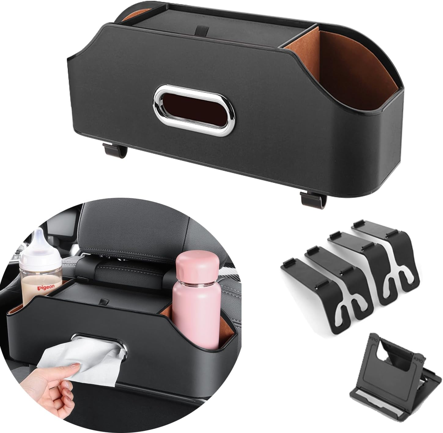 Seat Organizer with 2 Drink Cup Holder and Tissue Box, Headrest Storage ...