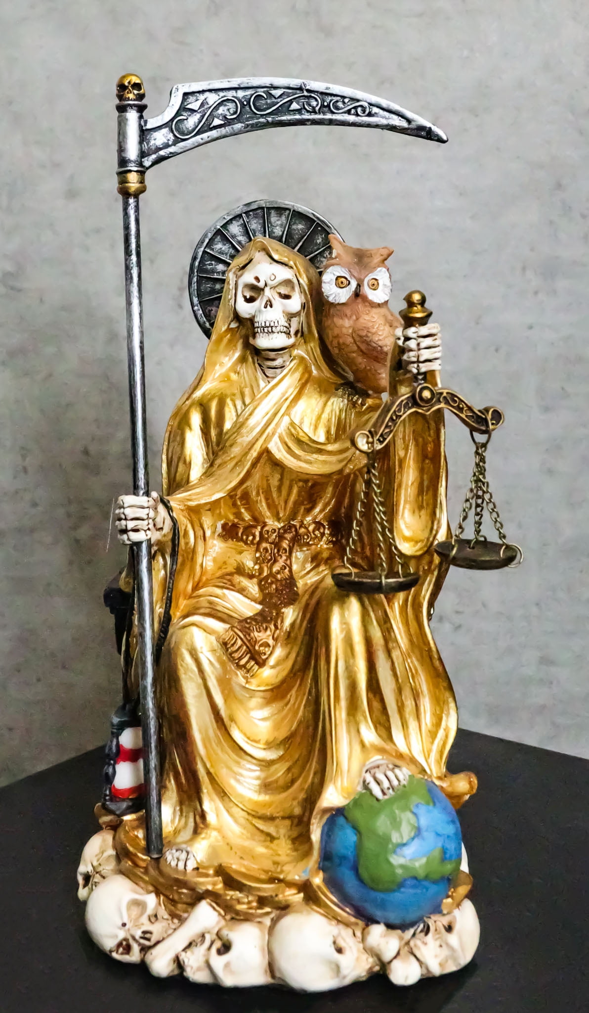 Seated Gold Santa Muerte With Scythe Scales of Justice And Wise Owl ...