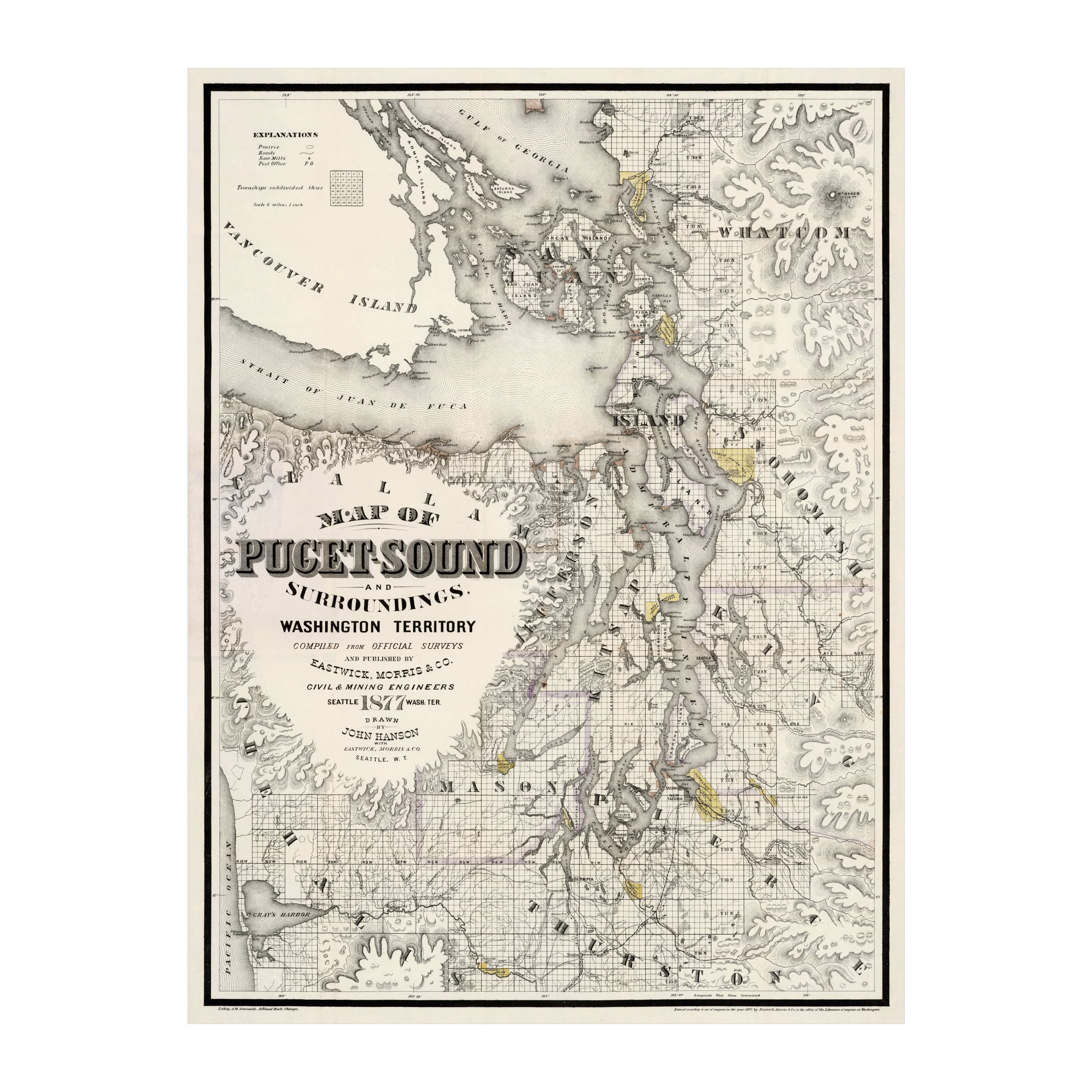 Seattle Art, 1877 Vintage Map of Seattle Washington, WA History Wall ...