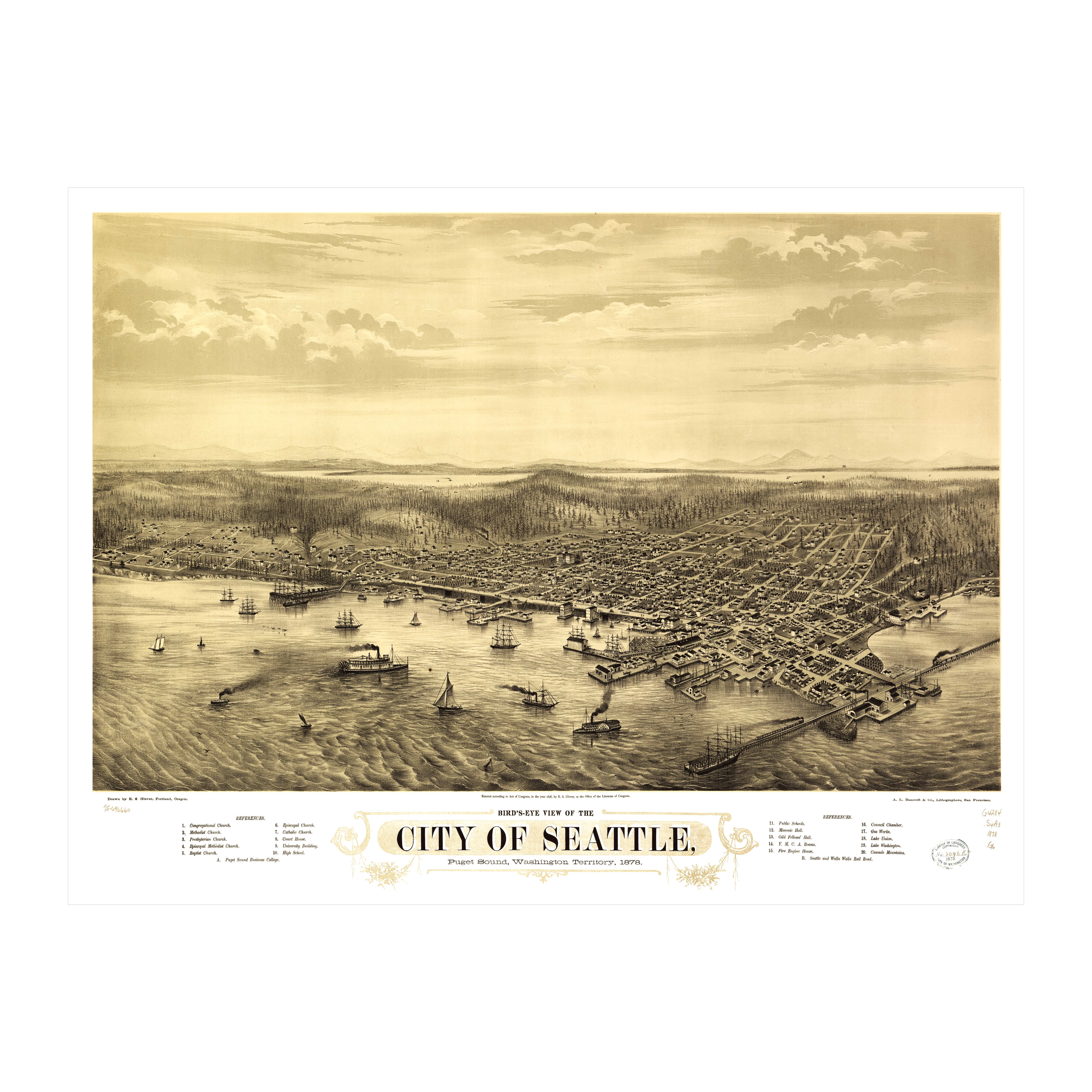 Seattle Art, 1878 Vintage Map of Seattle Washington, WA History Wall ...