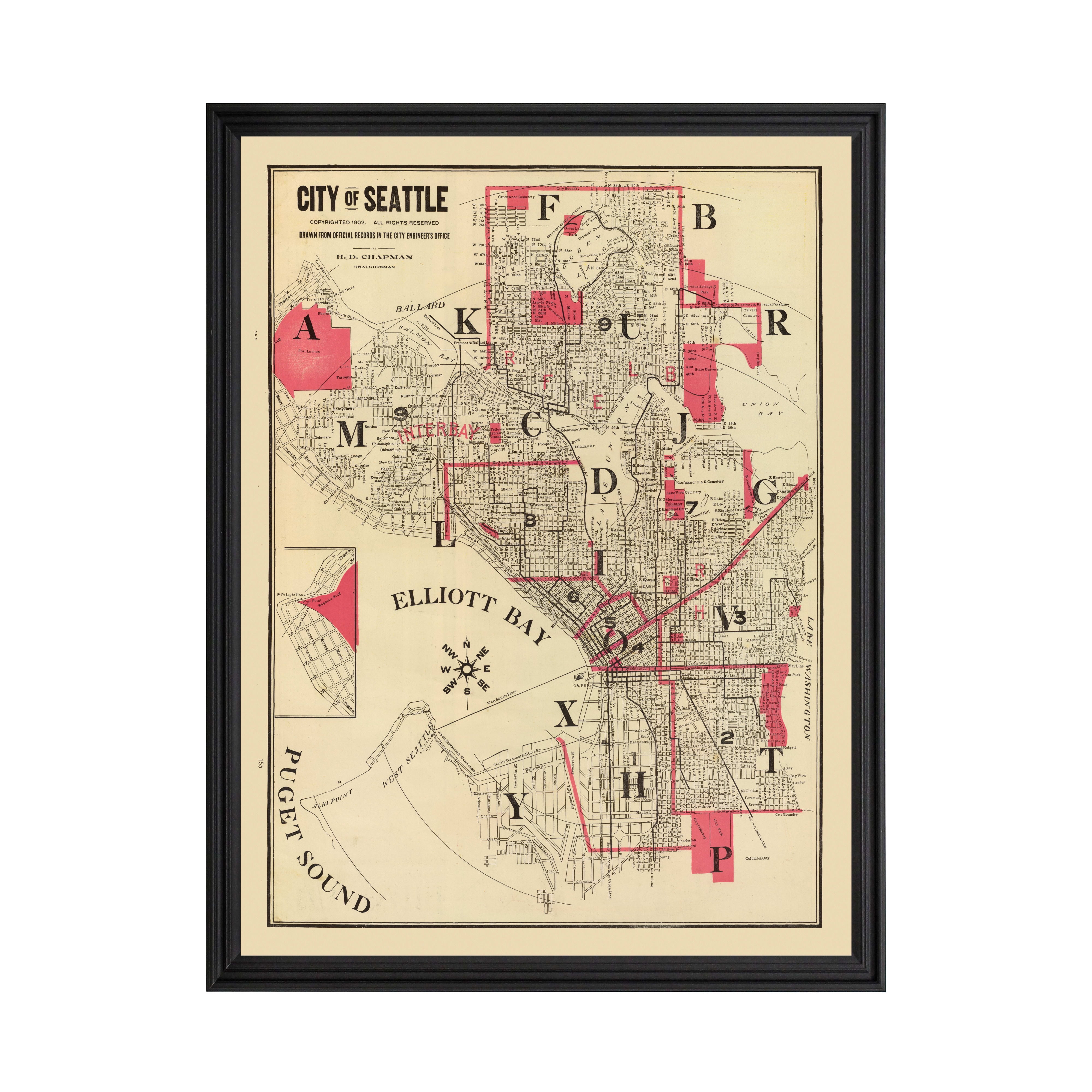 Seattle Art, 1909 Vintage Map of Seattle Washington, WA History Wall ...
