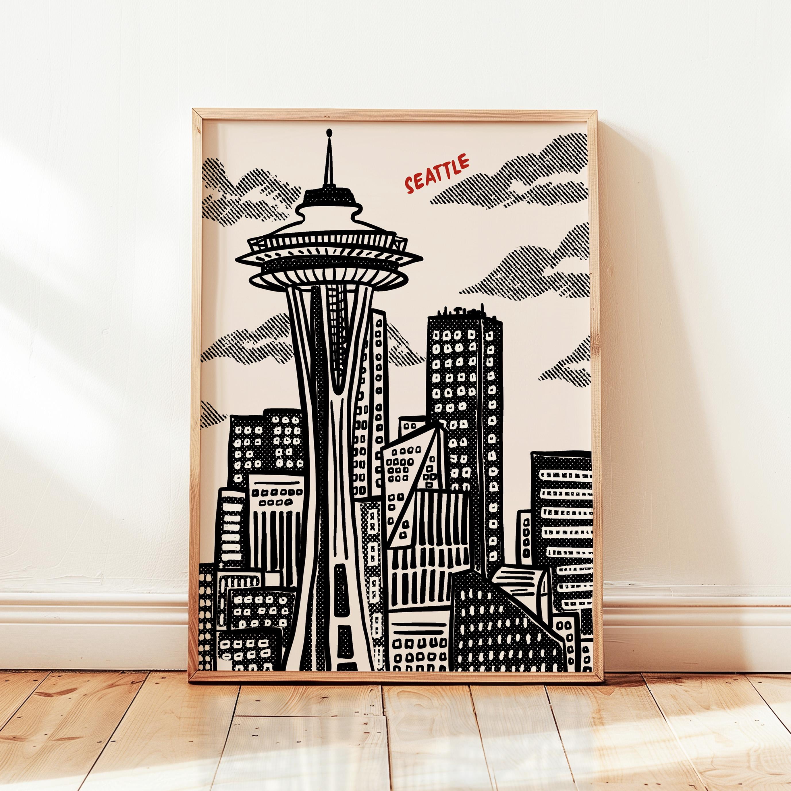 Seattle City Vintage Print Retro Space Needle Poster Washington Wall ...