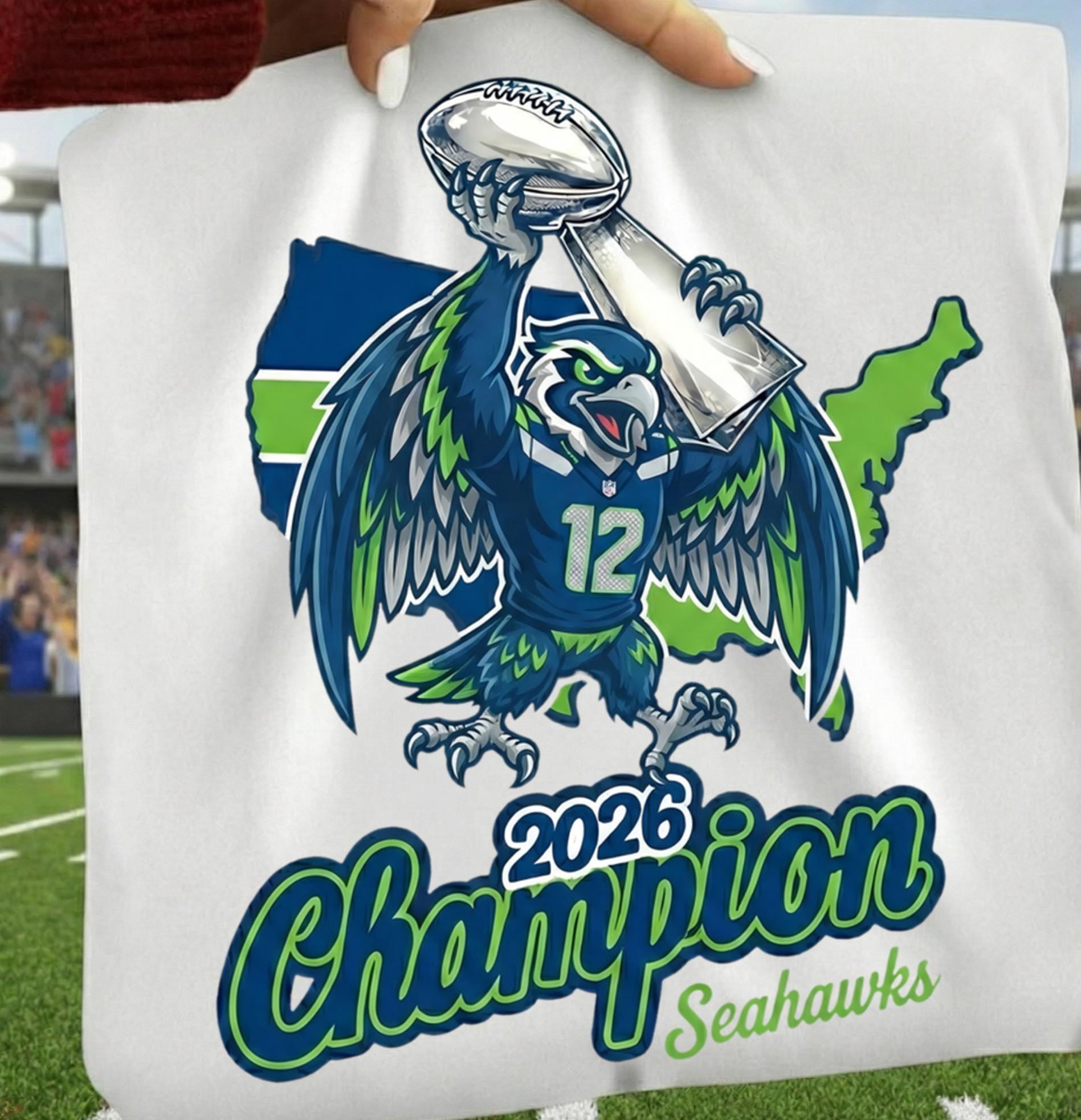 Seattle Football 2026 Champion Sweatshirt | Hawk Mascot with Trophy ...