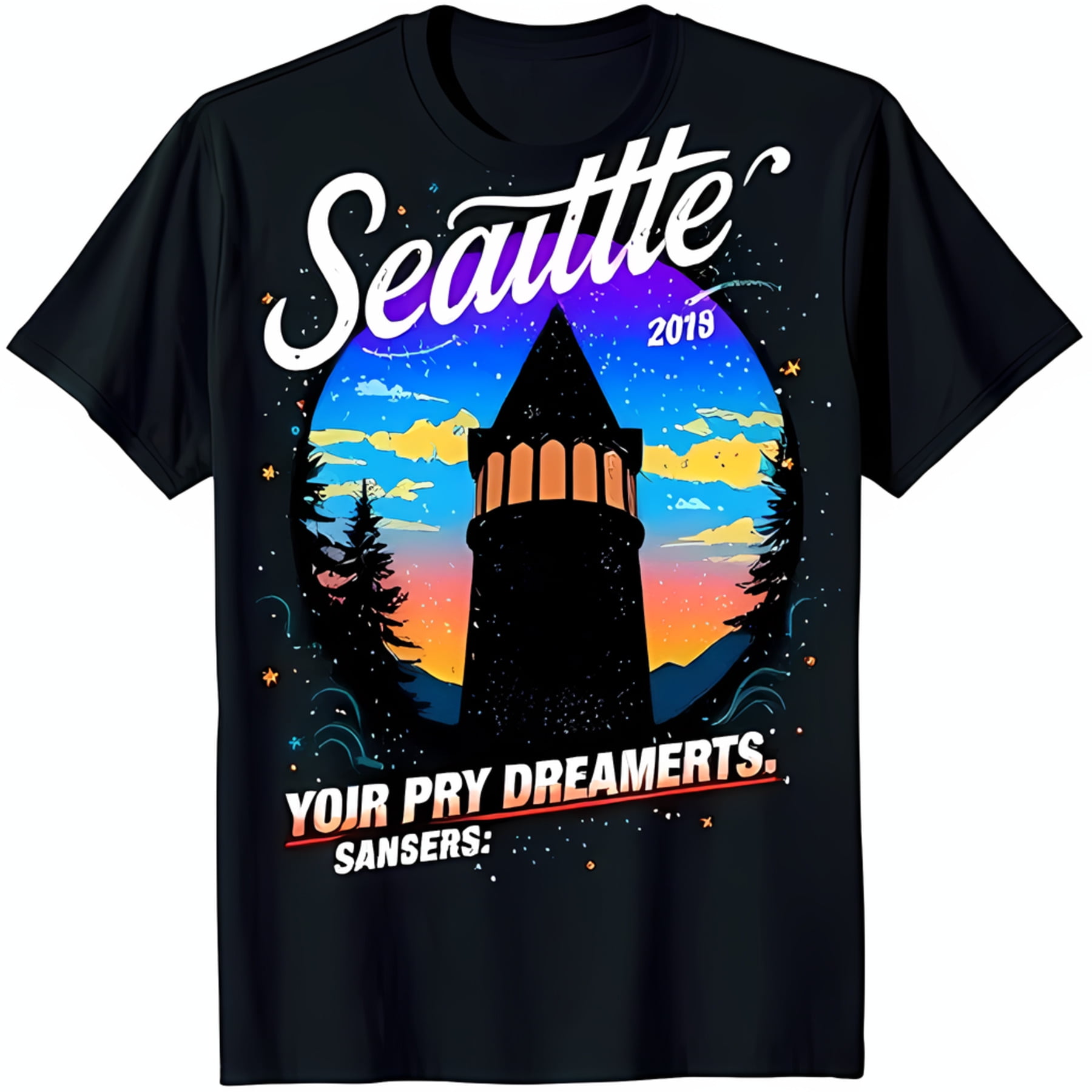 Seattle Graphic Black T-Shirt with Colorful Sunset Tower Design ...