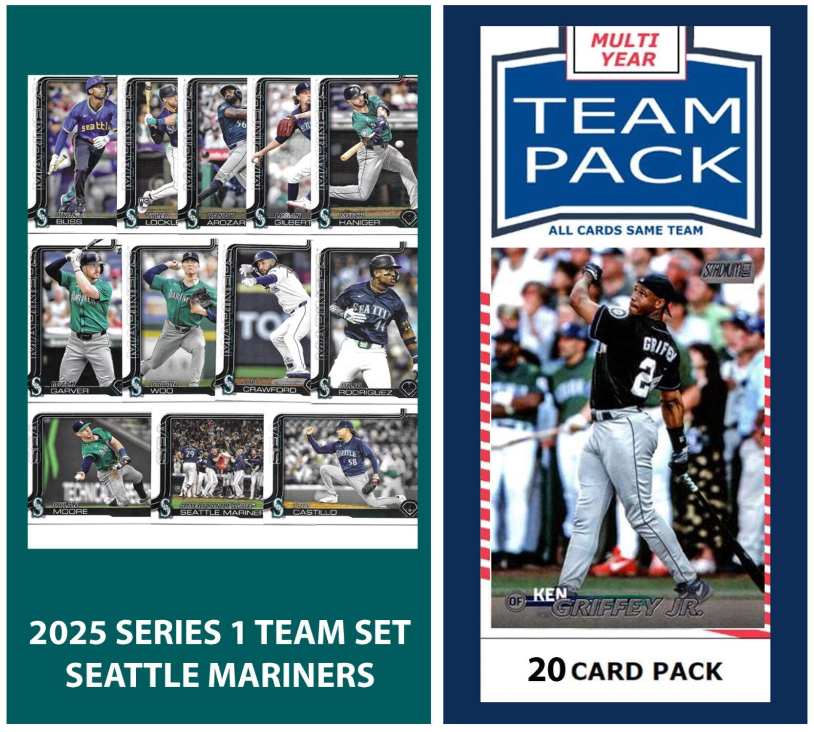 Mariners Multiyear 20 Card Pack Ken Griffey + 2025 Topps Series 1 Team ...