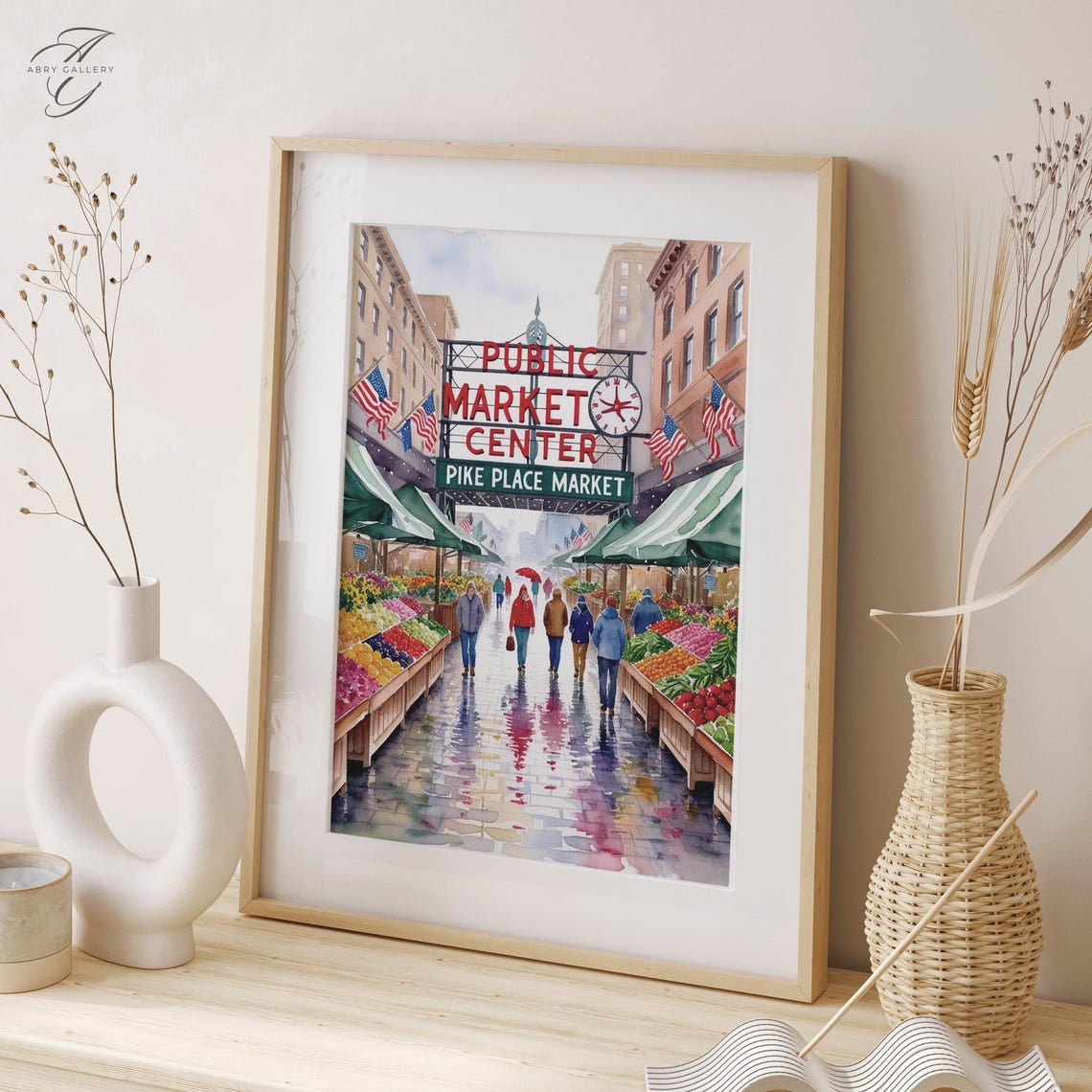 Seattle Pike Place Market Poster: Rainy Day Cityscape, Unframed Poster ...